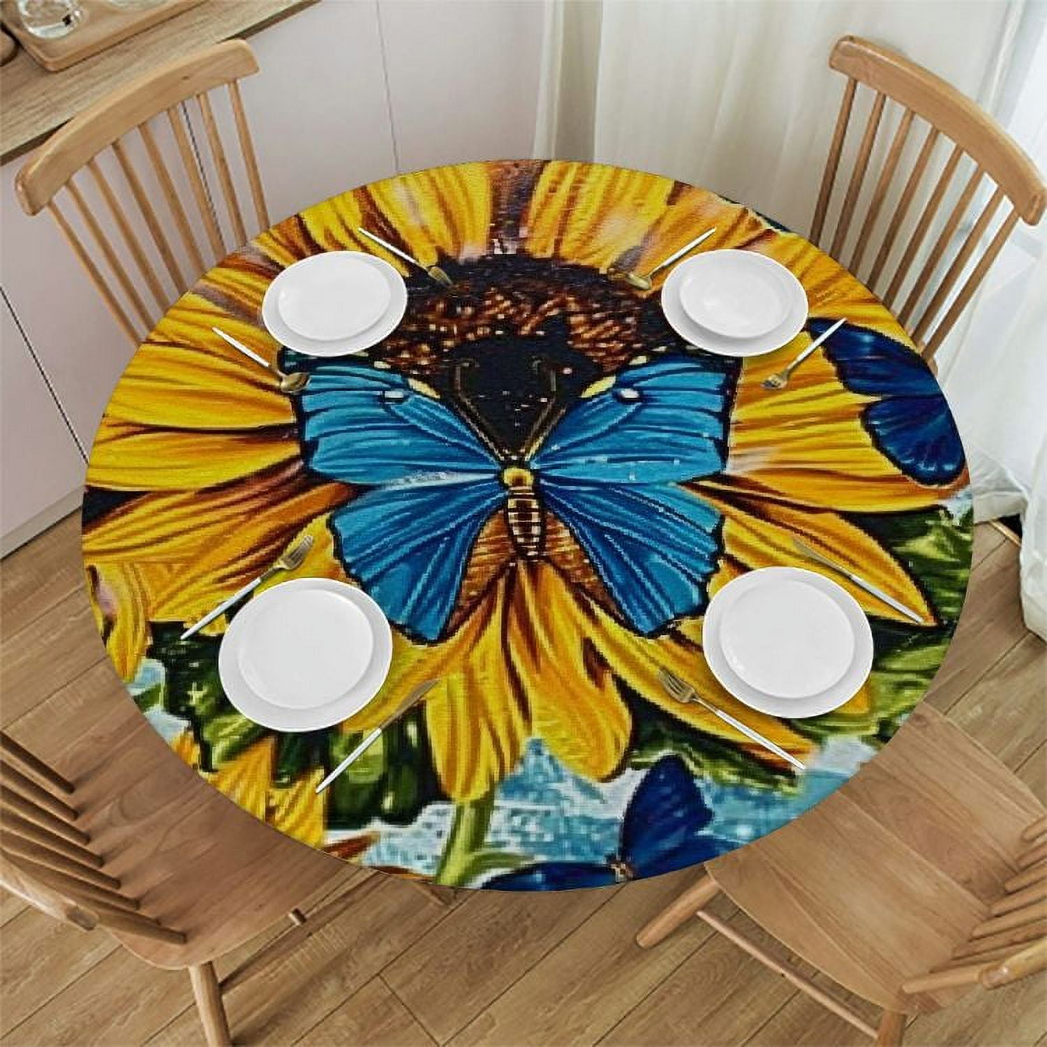 Spring Summer Sunflower Blue Butterfly Round Fitted Table Covers ...