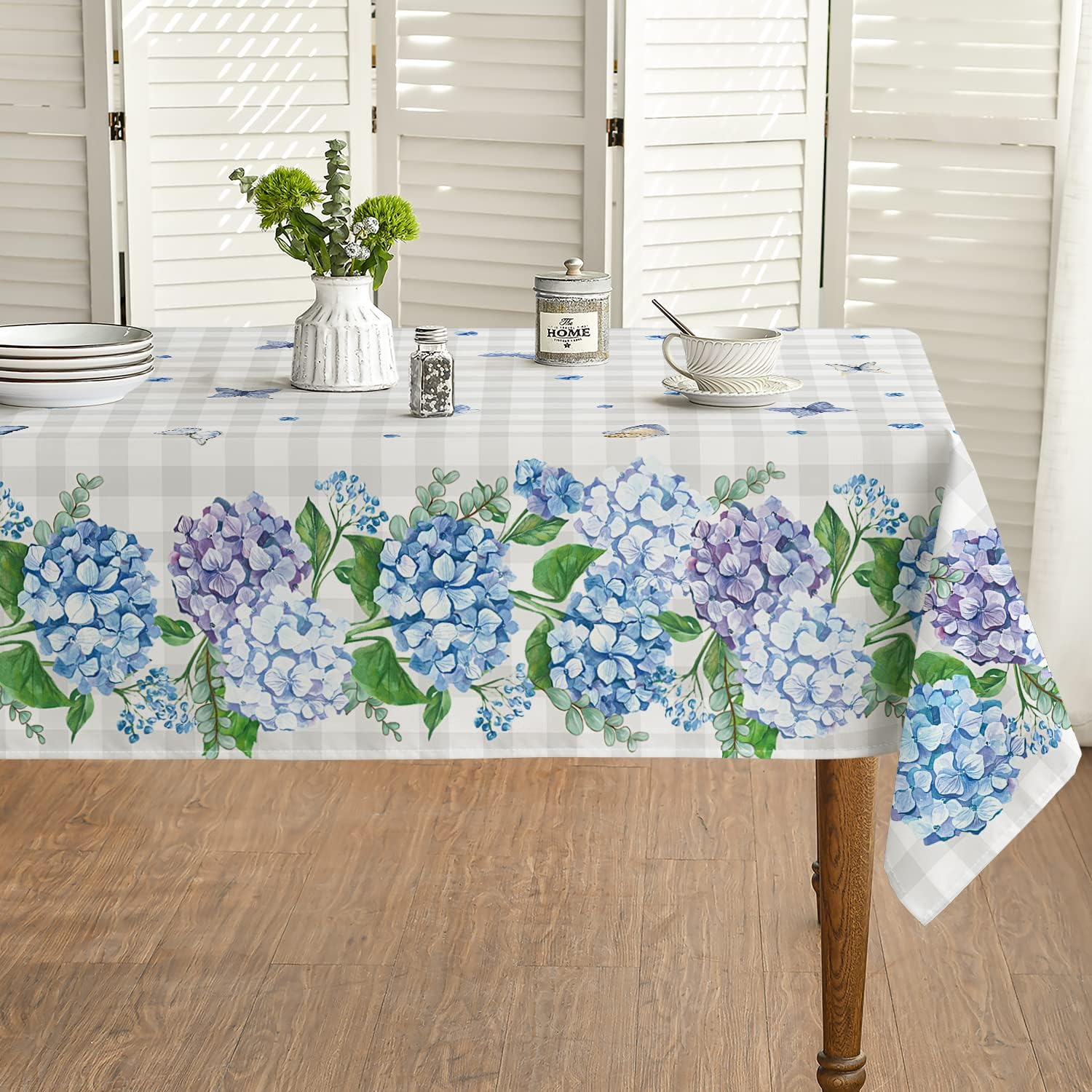 Spring Summer Tablecloth 60x60 Inch, Buffalo Plaid Hydrangea Eucalyptus ...