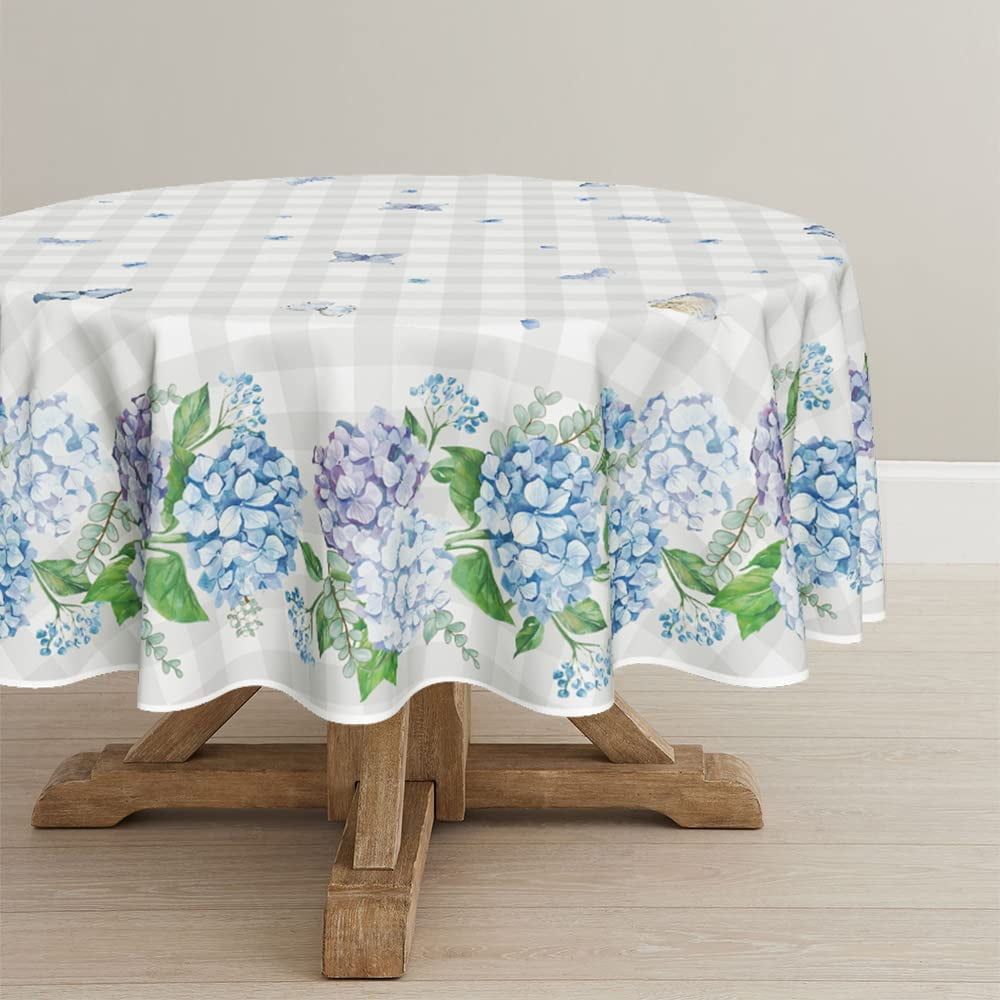 Spring Summer Tablecloth 60x60 Inch Round, Buffalo Plaid Hydrangea ...