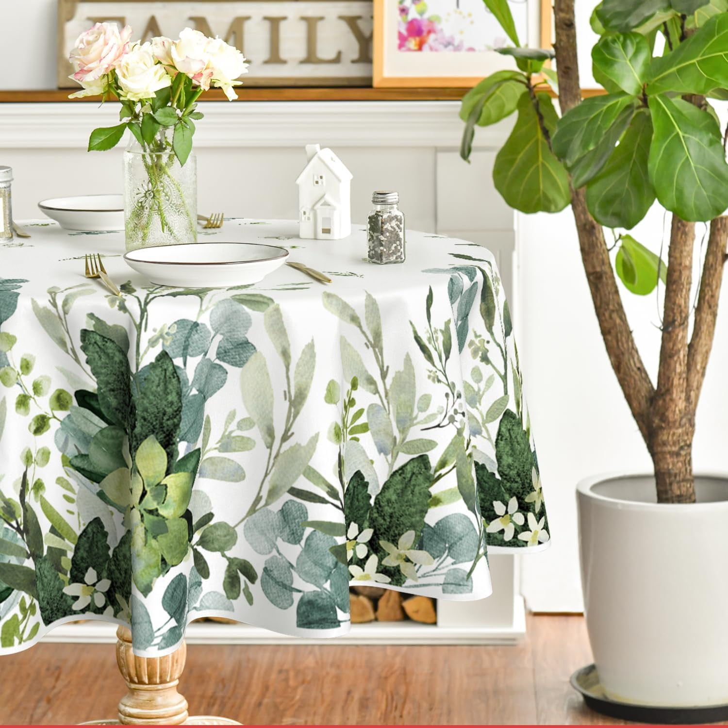 Spring Summer Tablecloth 60x60 Inch Round, Eucalyptus Floral Table ...