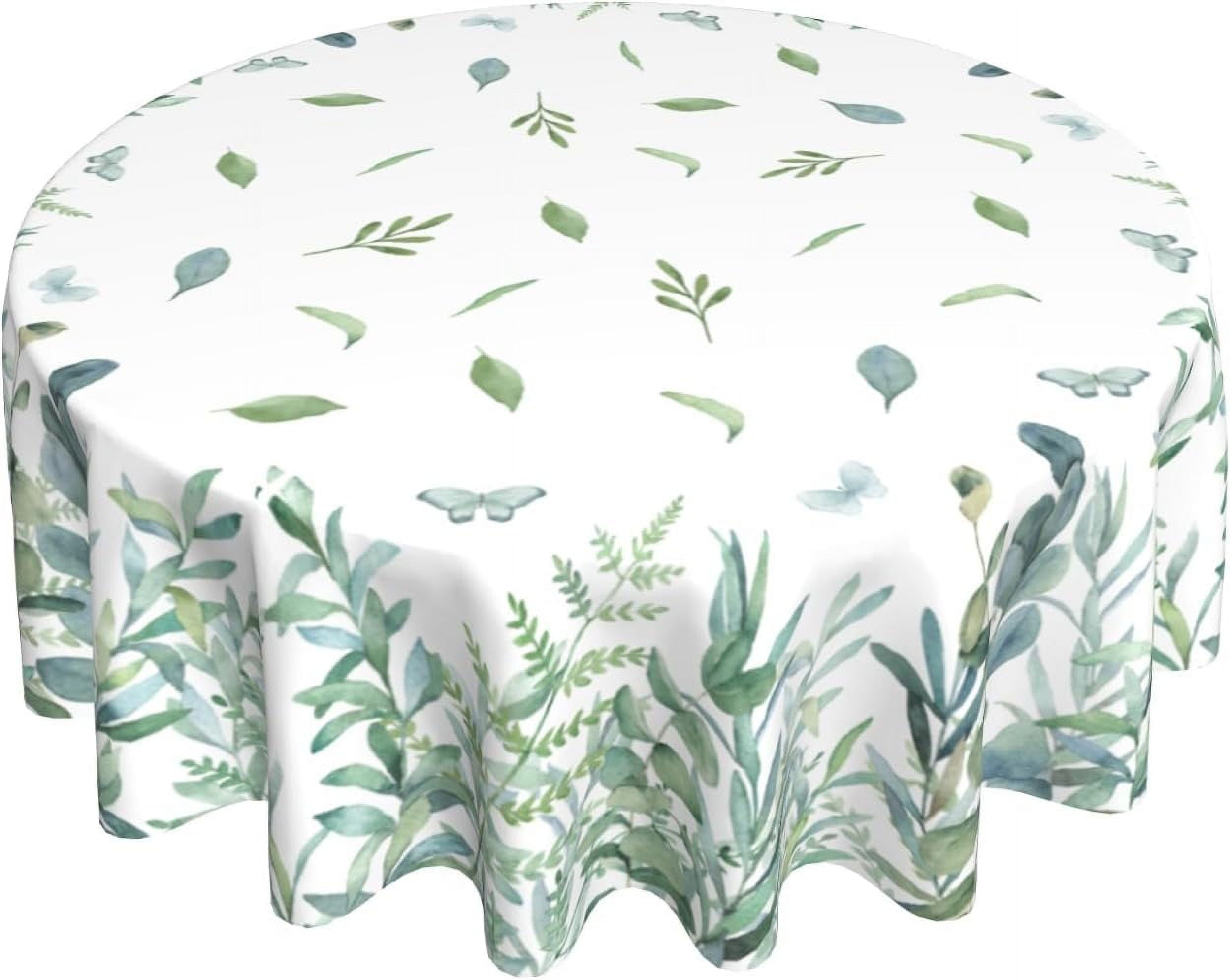 Spring Summer Tablecloth Round 60 Inch Watercolor Green Eucalyptus Leaf ...