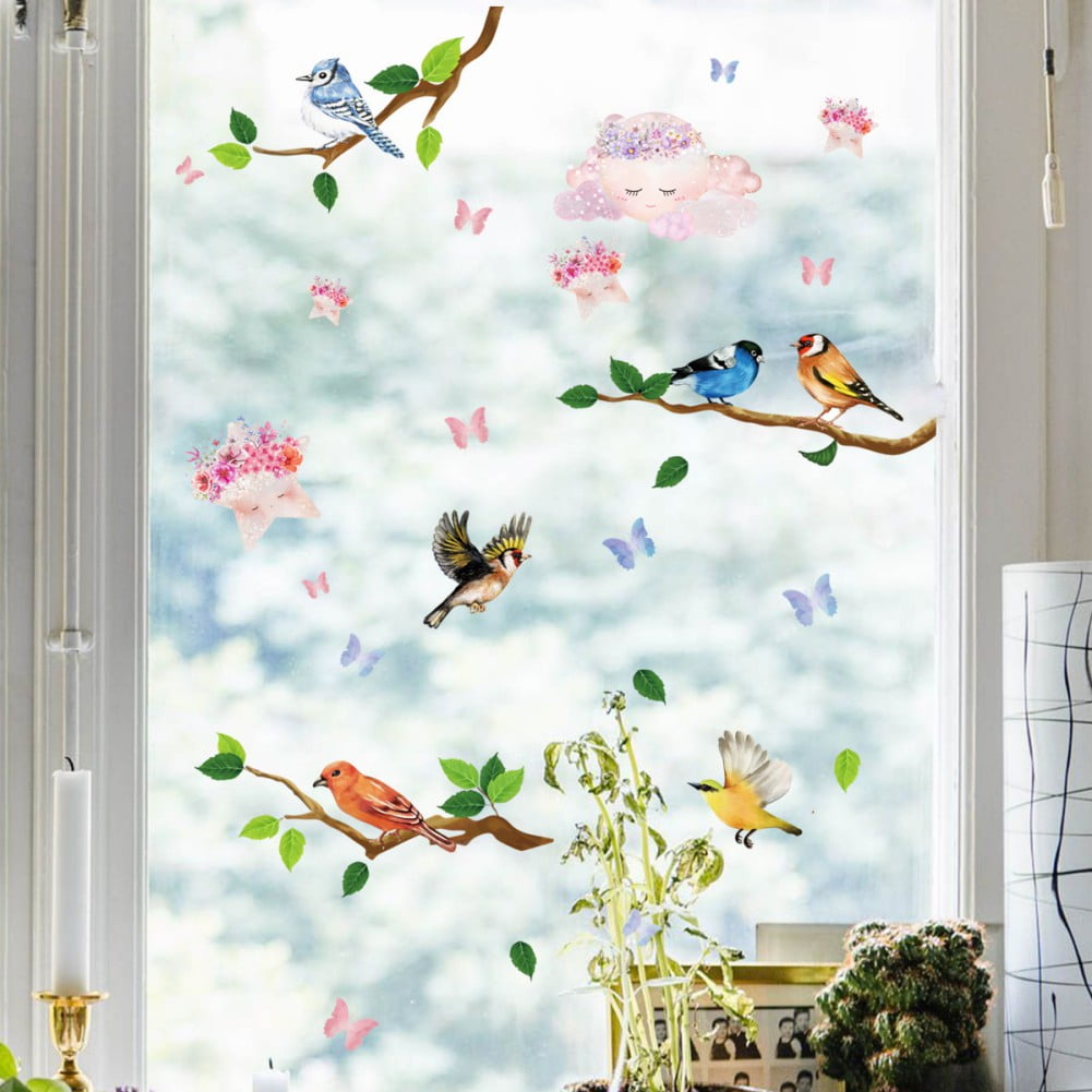 Spring Summer Tree Branch Bird Strike Window Cling, Anti Collision Wall ...