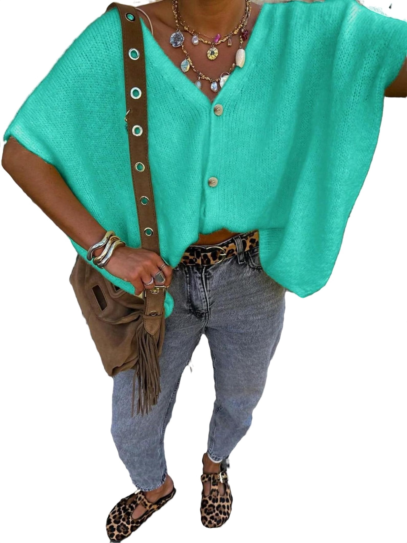 Spring Summer V-Neck Button-Up Knit Cardigan for Women Ultra Loose Fit ...