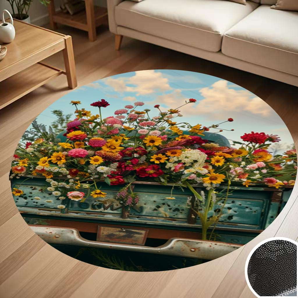 Spring Summer Vintage Truck Pickup Wild Flowers Round Carpet Living ...