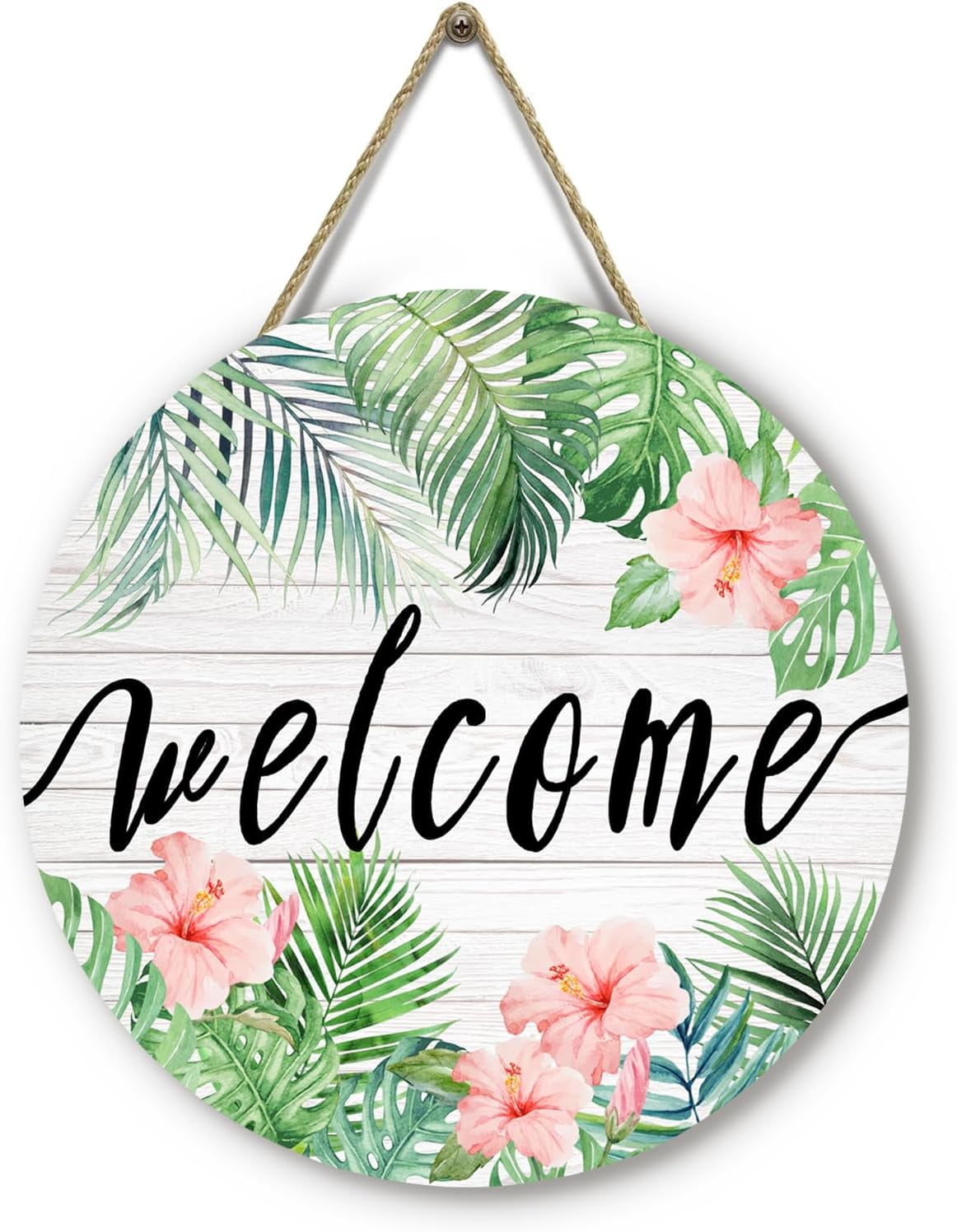 Spring Summer Welcome Sign for Front Door Wooden Tropical Green Palm ...