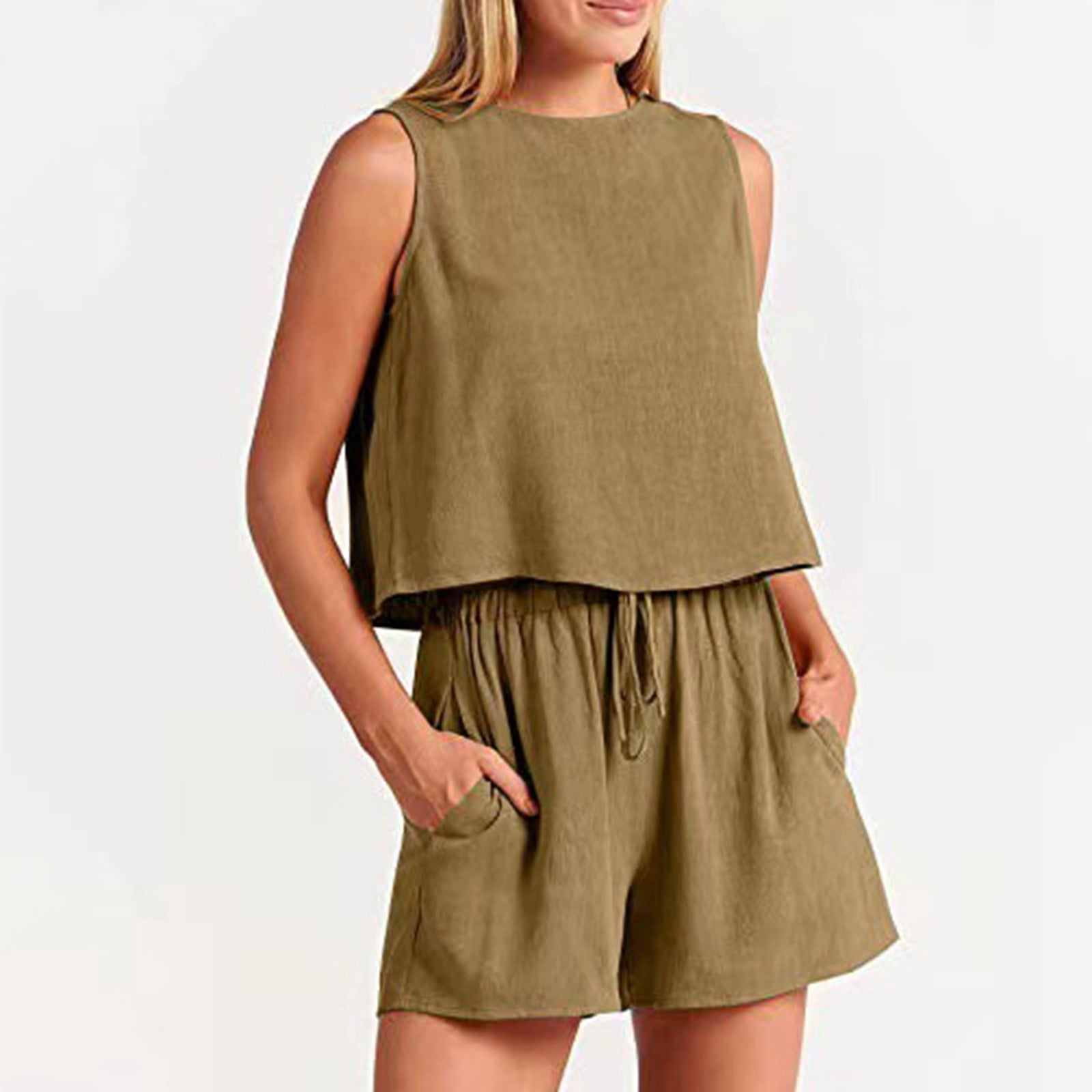 Spring Summer Women's Casual Sleeveless Solid Color High Waist Loose ...