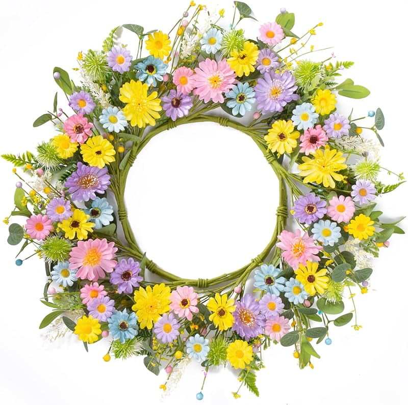 Spring Summer Wreath for Front Door - 22" Yellow Daisy Wreath with ...
