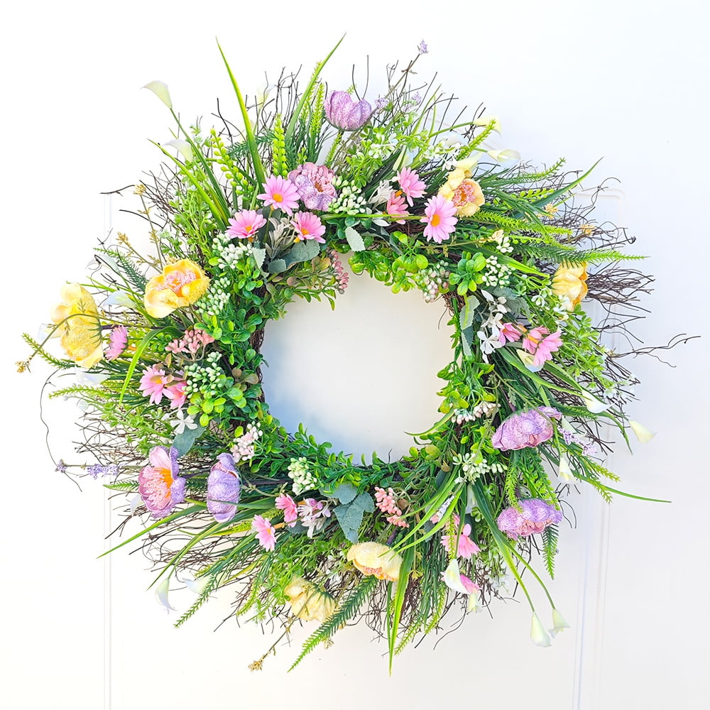Spring Summer Wreath Pink Purple Wildflowers Artificial Fake Flowers ...