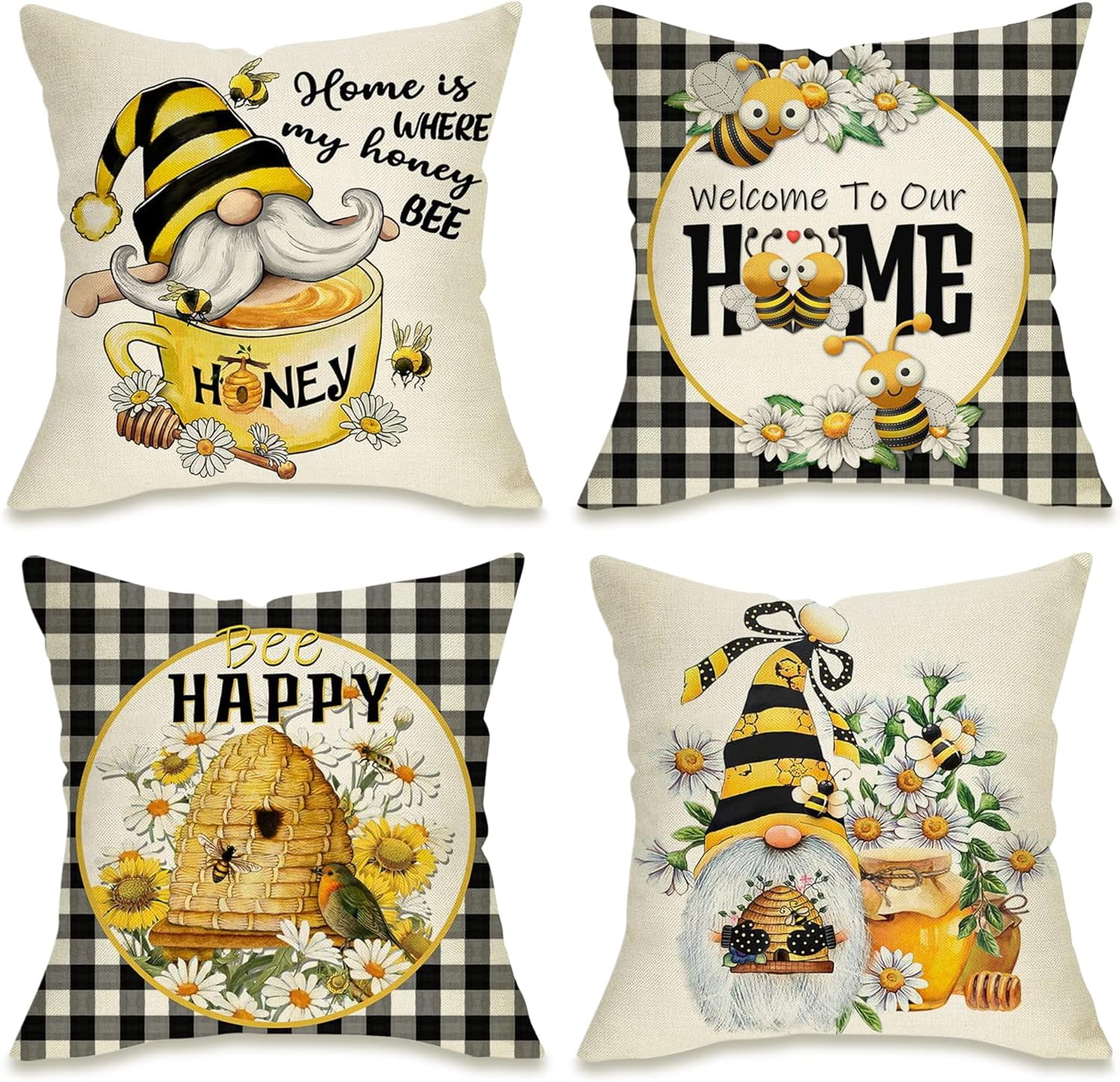 Spring Summer Yellow Bumble Bee Happy Gnome Decorative Throw Pillow ...