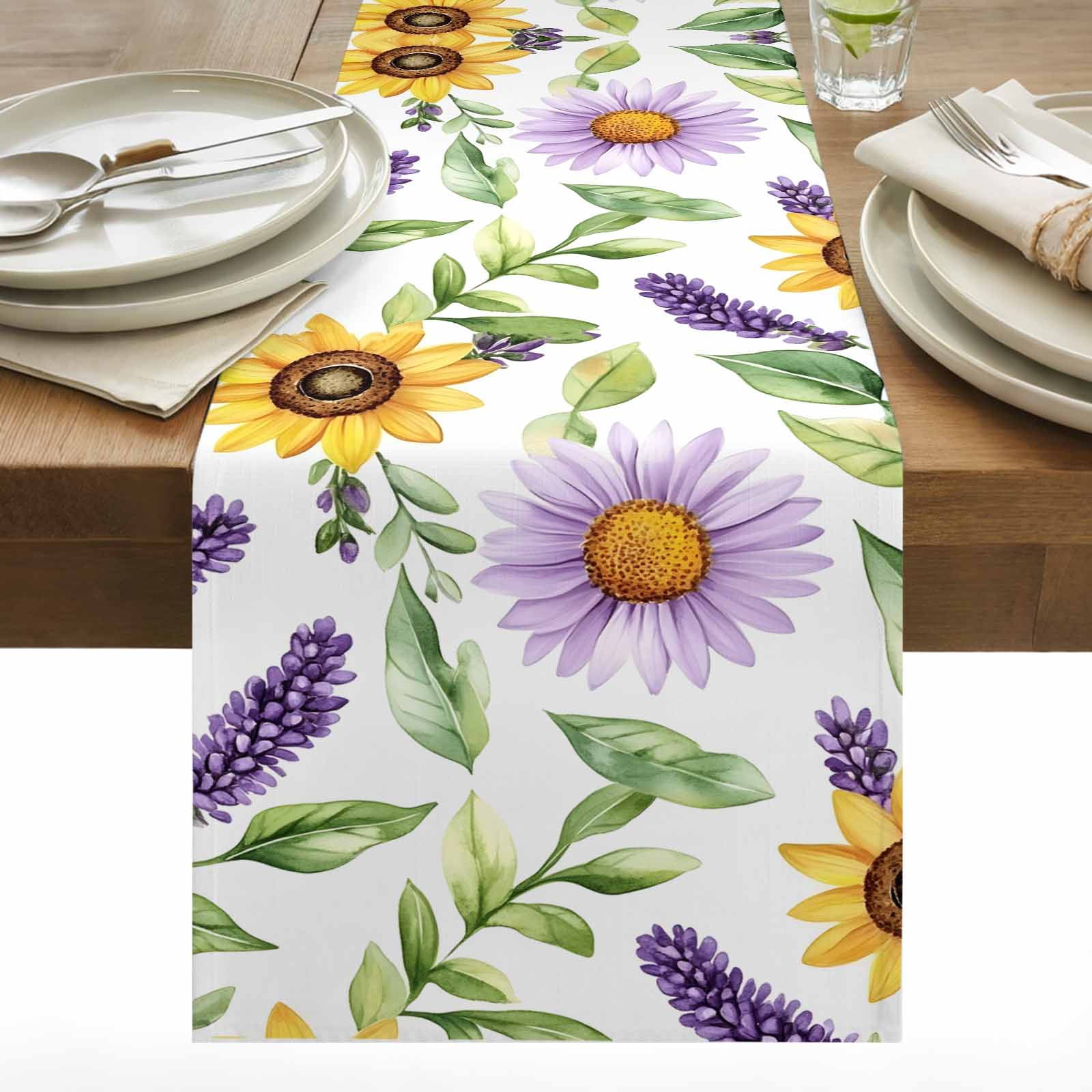 Spring Sunflower Cotton Linen Table Runner Lavender Purple Daisy Leaf ...