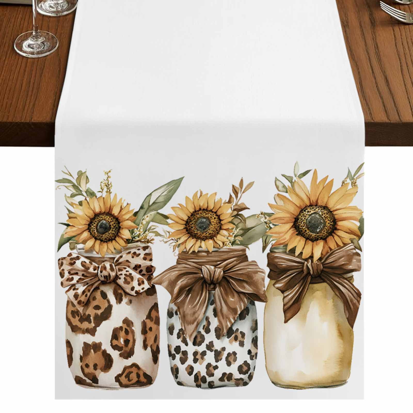 Spring Sunflower Glass Bottle 120 Inch Table Runner, Brown Bow Leopard ...