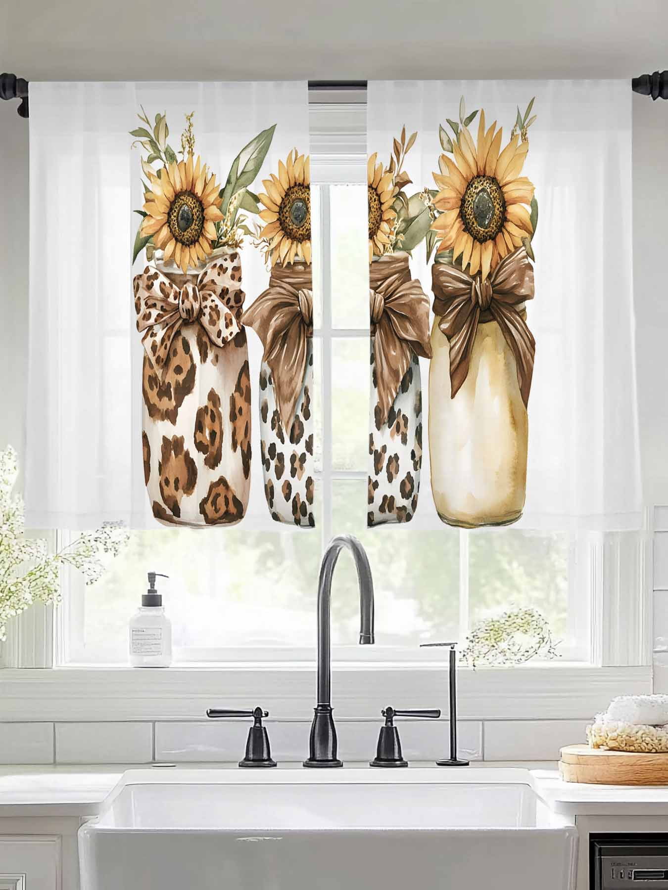 Spring Sunflower Glass Bottle Sheer Curtains for Living Room Bedroom ...