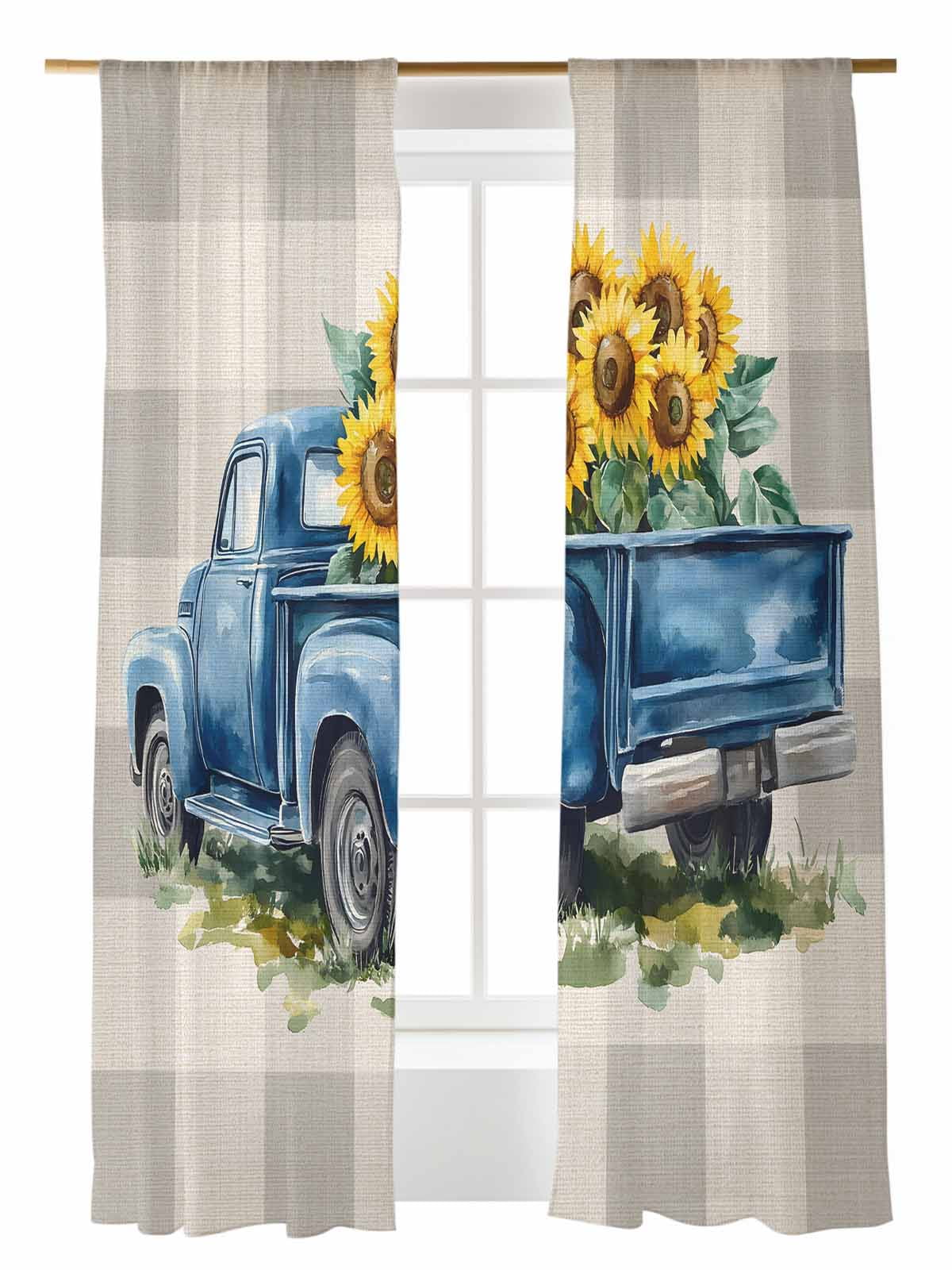 Spring Sunflower Sheer Curtains 2 Panels Set Watercolor Blue Truck Grey ...