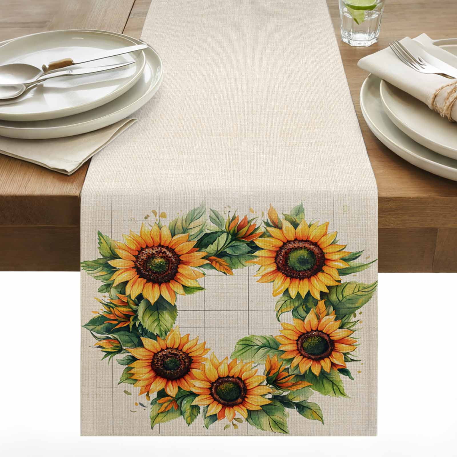 Spring Sunflower Wreath Cotton Linen Table Runner Watercolor Floral ...