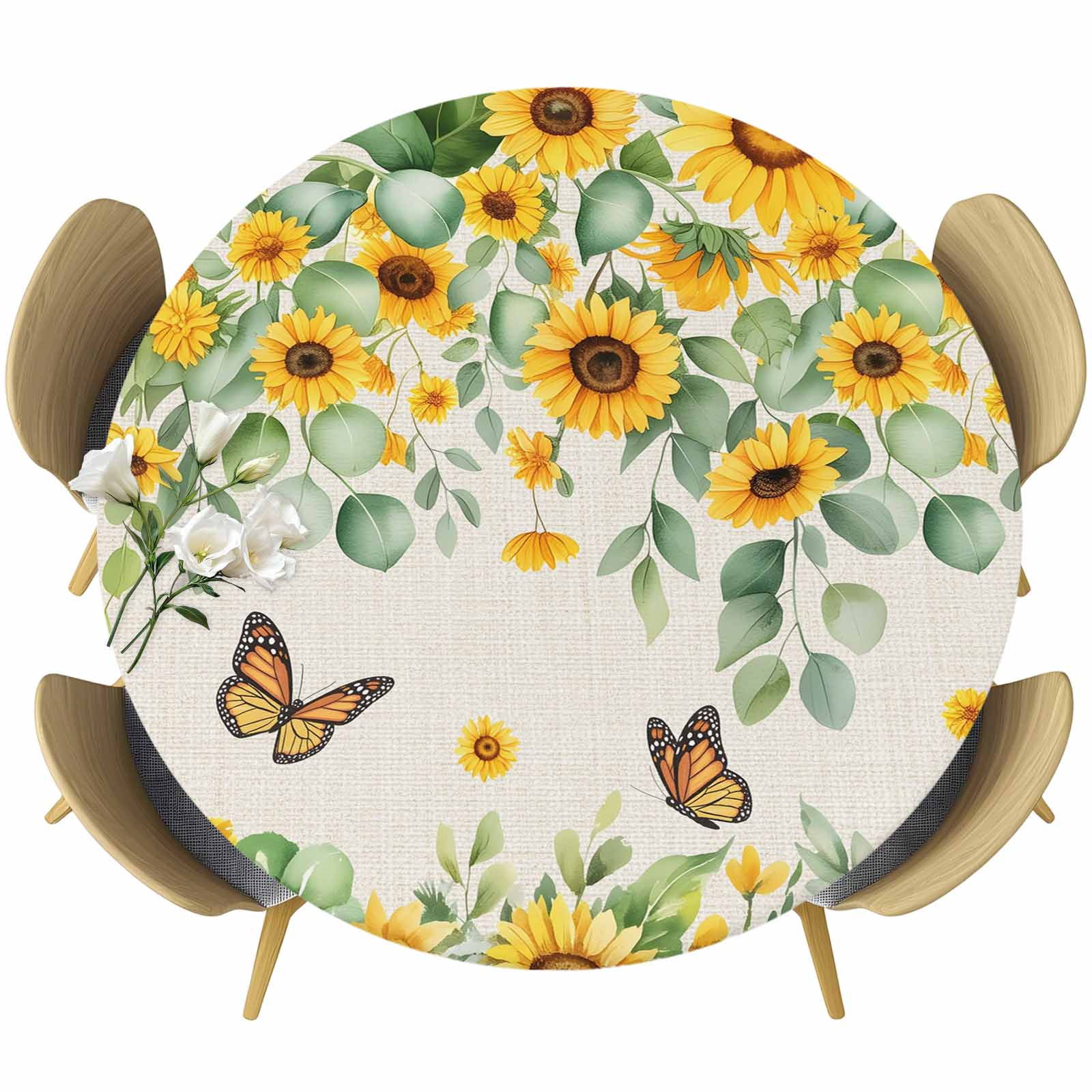 Spring Sunflowers Round Tablecloth, Fitted Table Cover with Elastic for ...