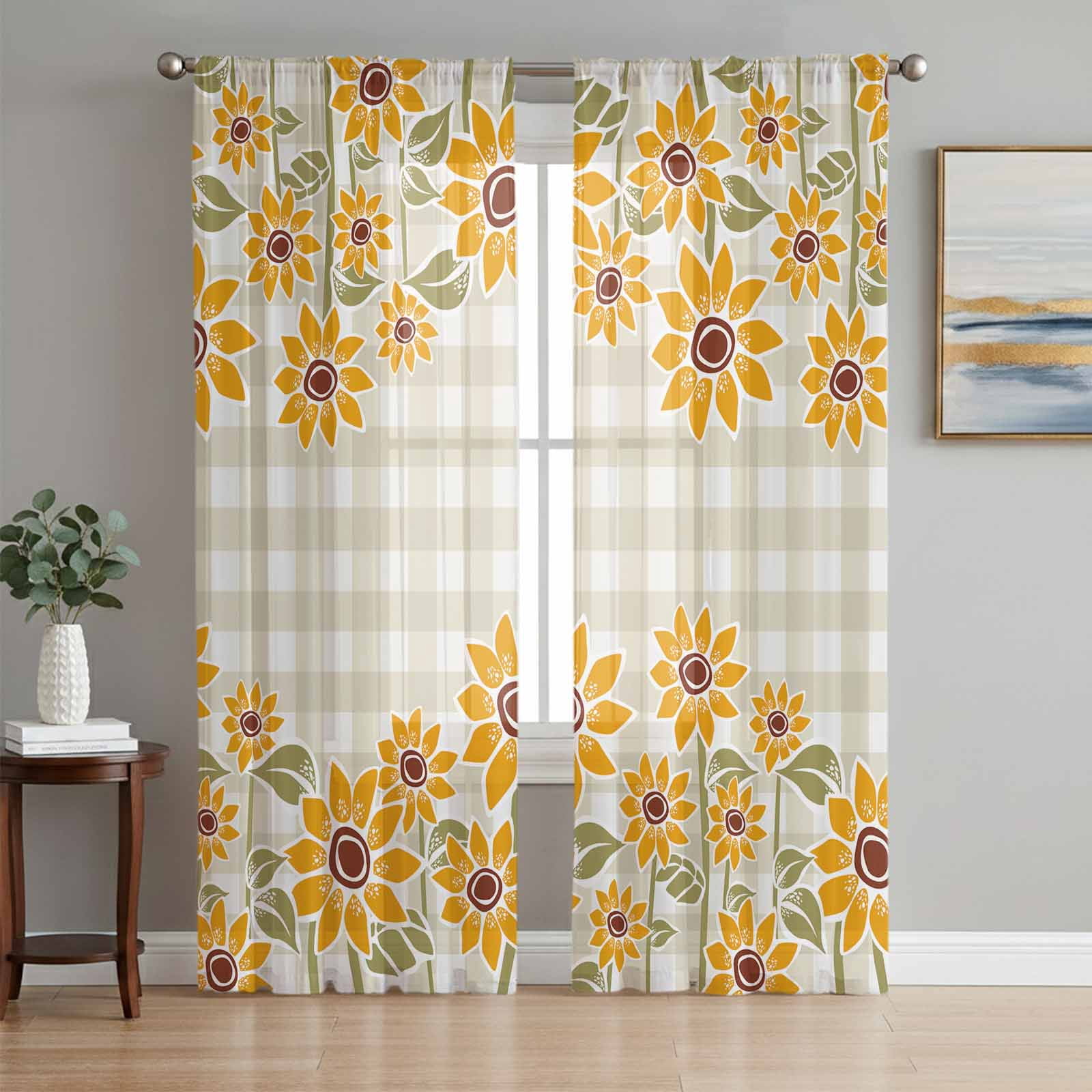 Spring Sunflowers Sheer Curtains 72 Inch Length 2 Panels Set, Plaid ...