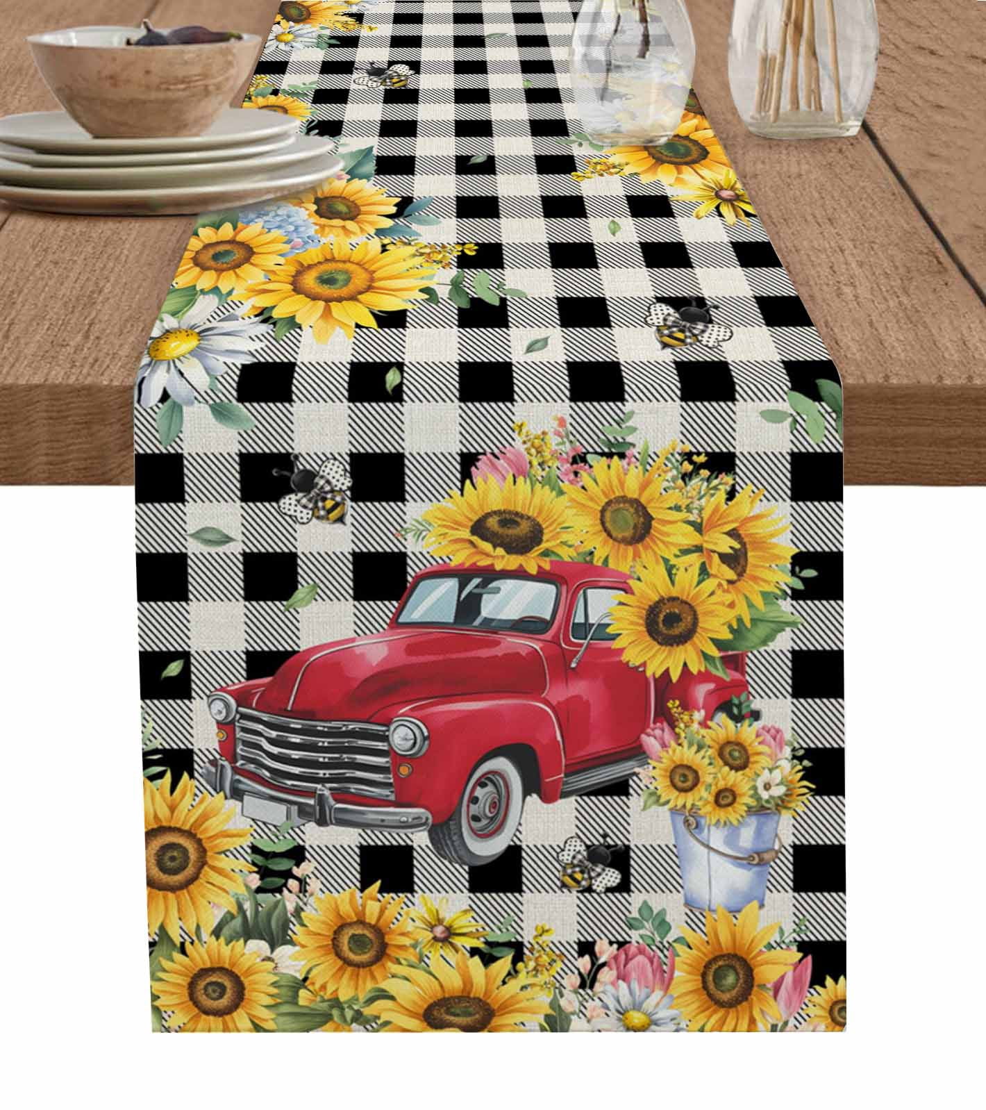 Spring Sunflowers Table Runner 70 Inches, Car Farm Plaid Country Retro ...