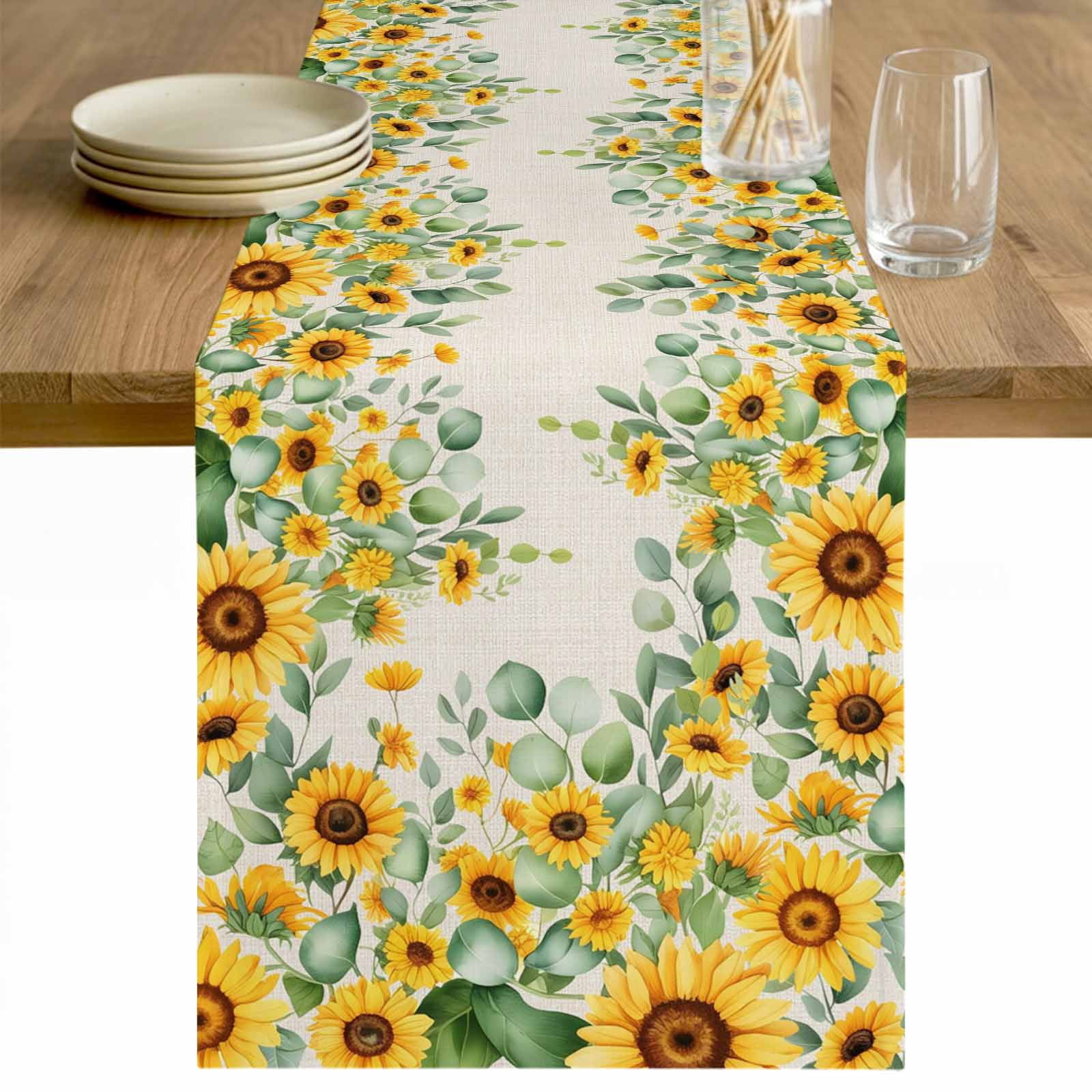 Spring Sunflowers Table Runner - 72 Inch Long Eucalyptus Leaves Flowers ...