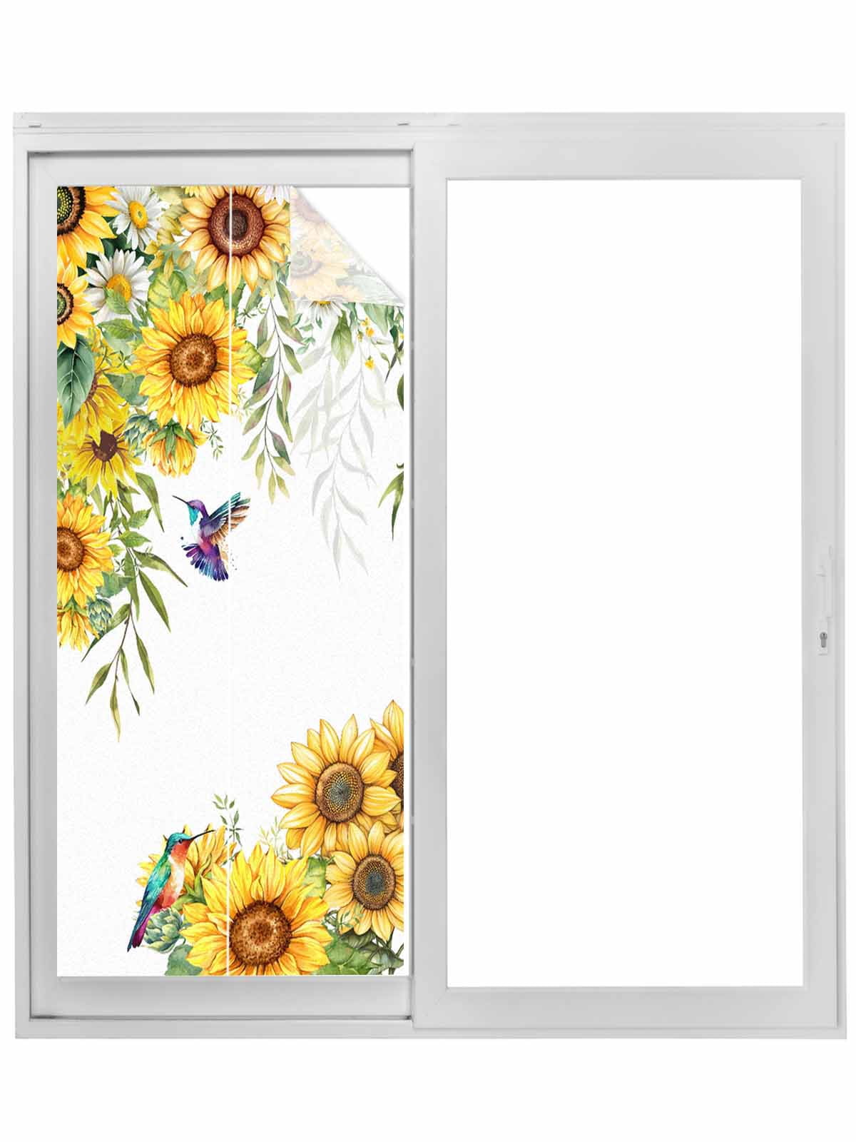 Spring Sunflowers Window Privacy Film, Birds Watercolor Botanical ...
