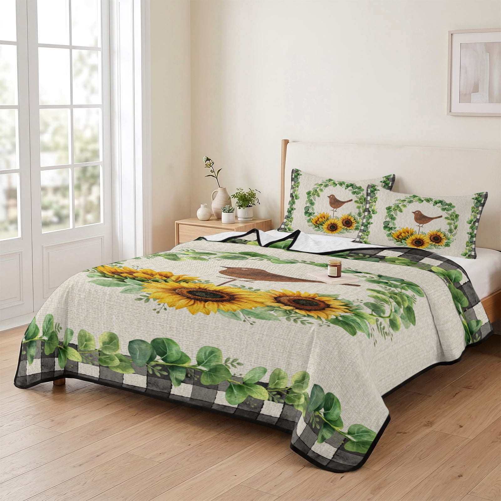 Spring Sunflowers Yugal Leaves 3 Pieces Quilt Set,1 Quilt with 2 Shams ...