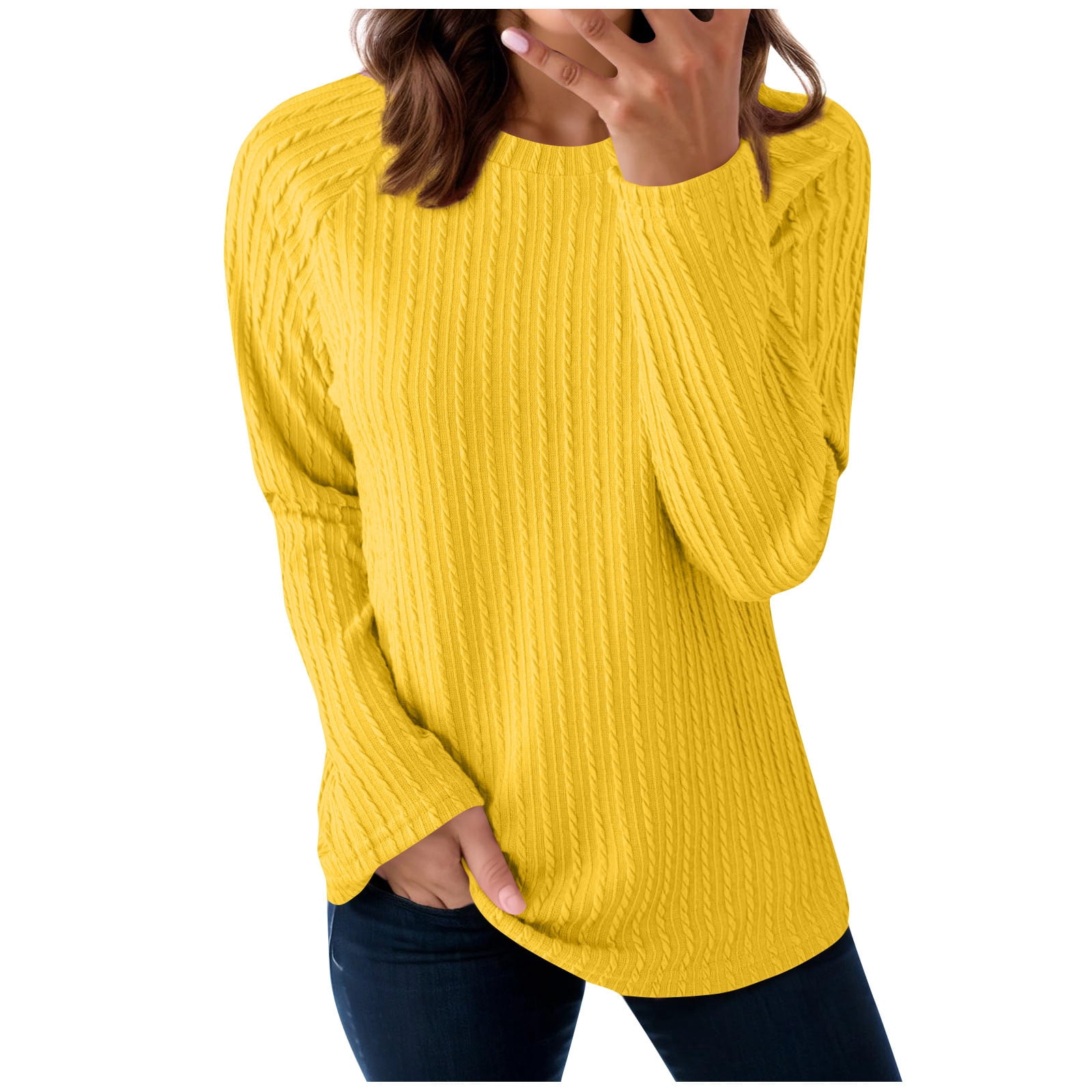 Spring Sweaters for Women Cute Cable Knit Shirts Classic Crewneck ...