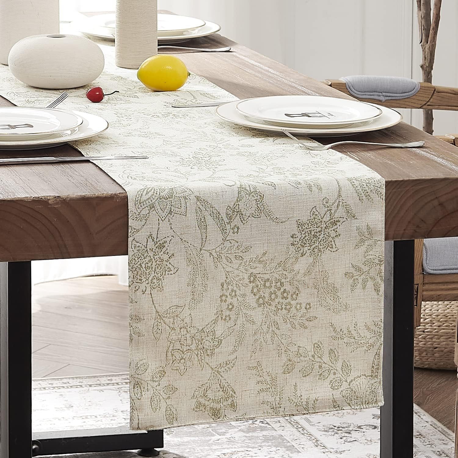 Spring Table Runner Linen Farmhouse Table Cloth Green Floral Decorative ...