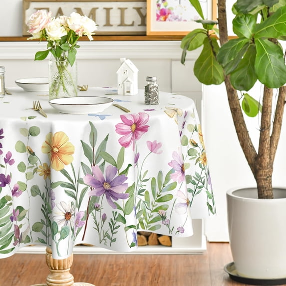 Spring Tablecloth 60×60 Inch Round, Wildflowers Floral Butterfly ...