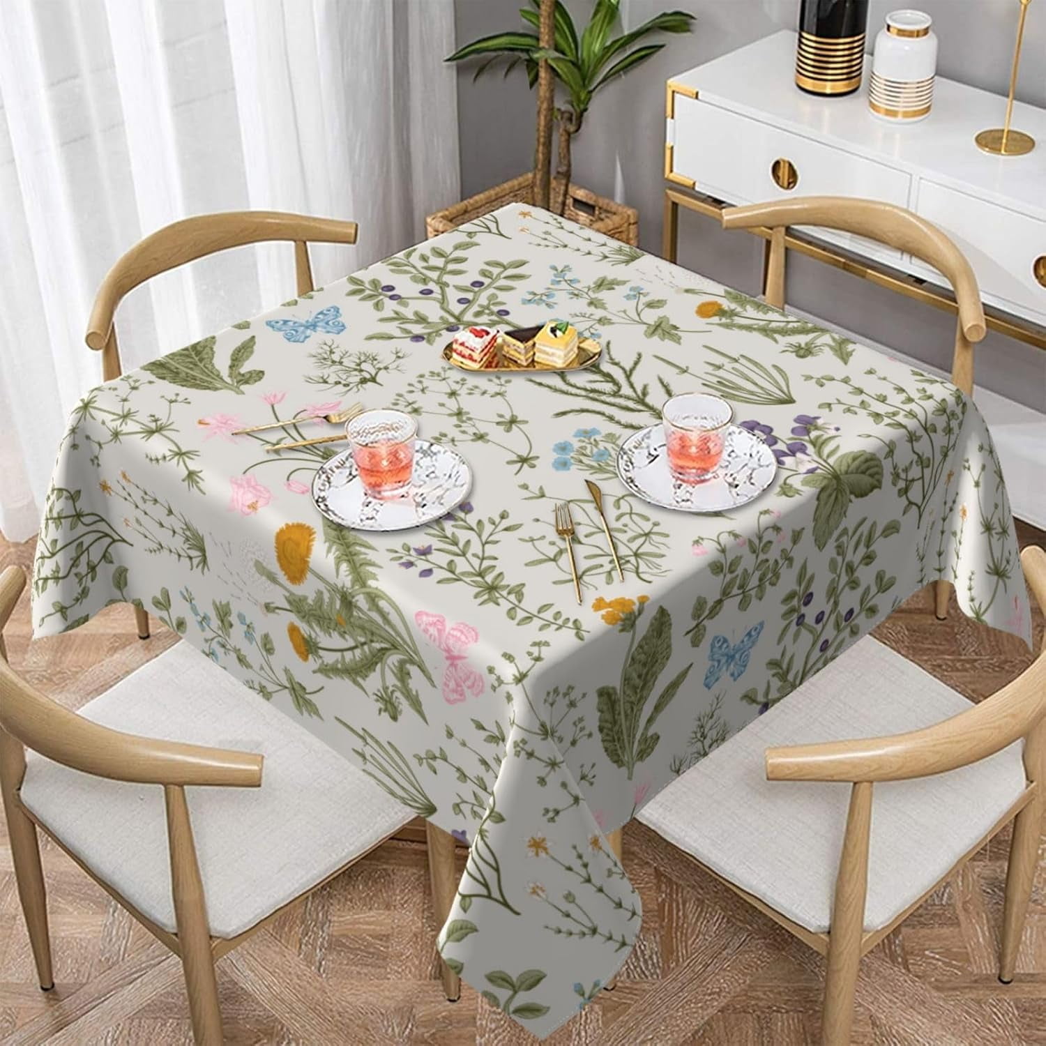 Spring Tablecloth Square 54x54 Inch,Sage Green Wild Flowers Table Cloth ...