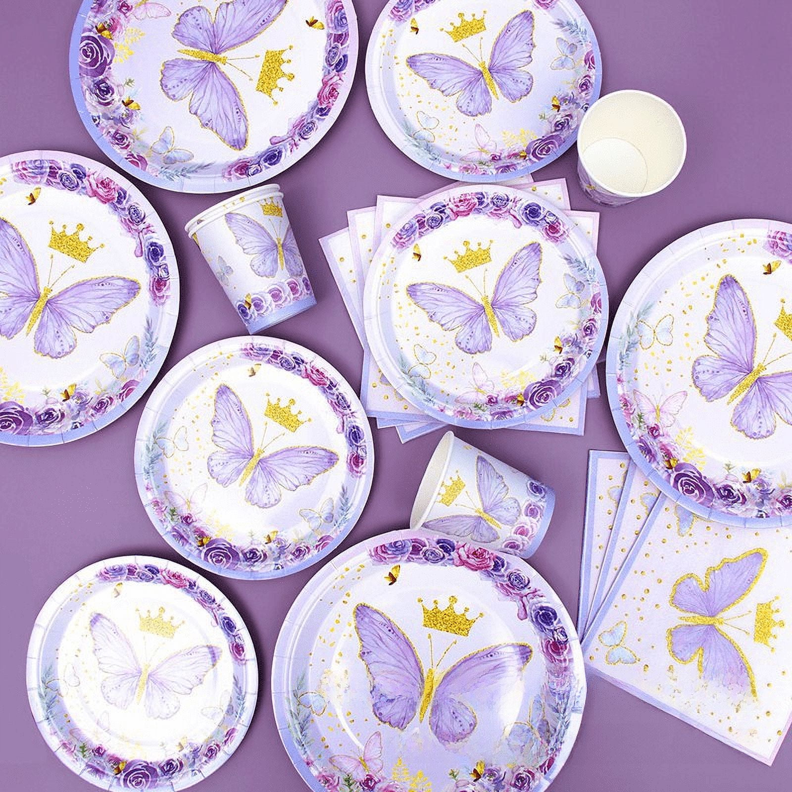 Spring Tea Party Purple Butterfly Disposable Tableware Set Birthday ...