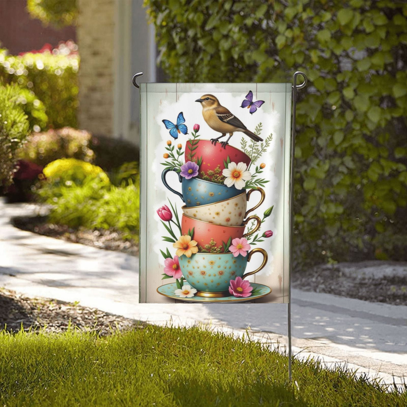 Spring Teacup Bird Garden Flag Double Sided 12x18 Inch Floral Butterfly ...