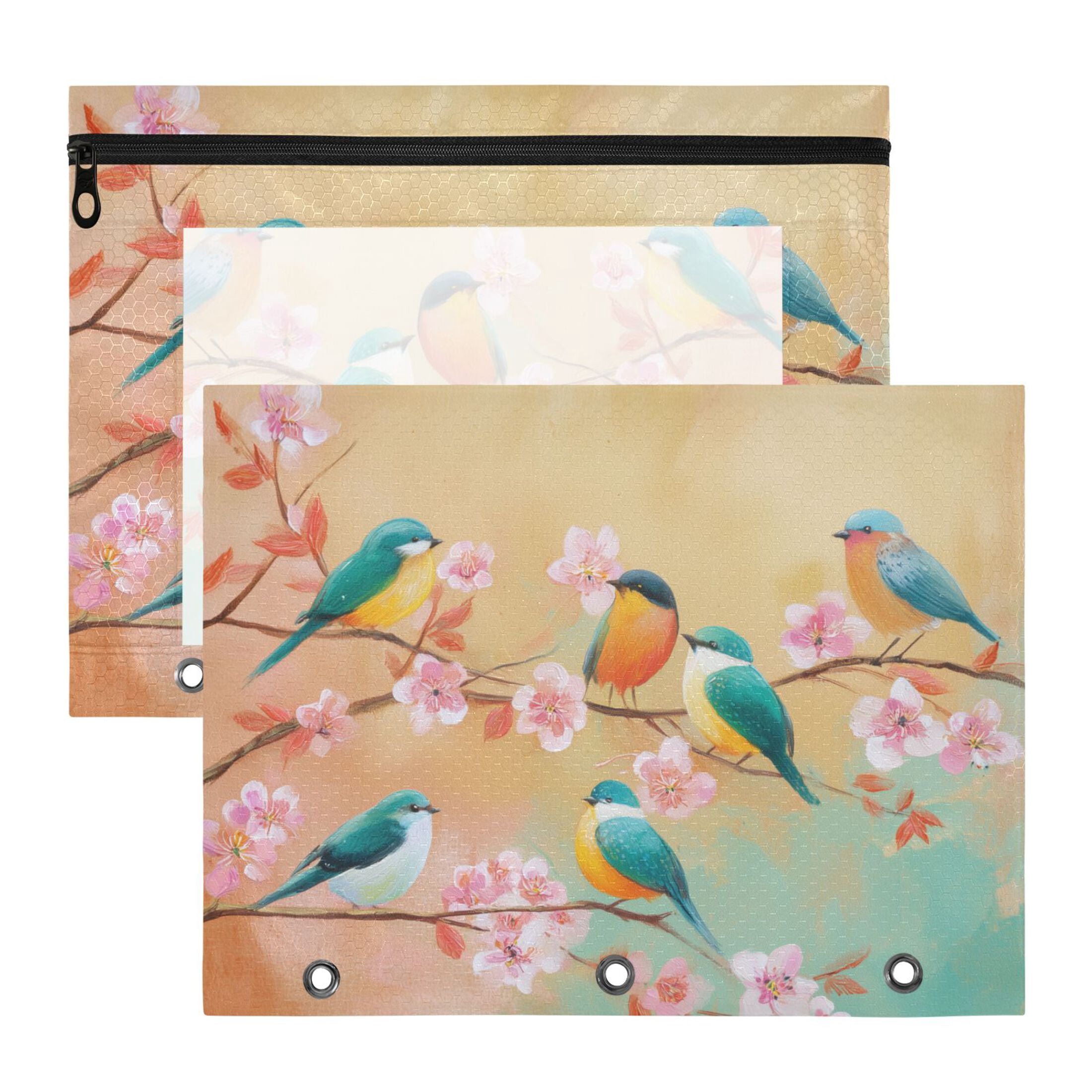 Spring Theme Birds on Branch with Flowers 3-Ring Binder Pocket with ...