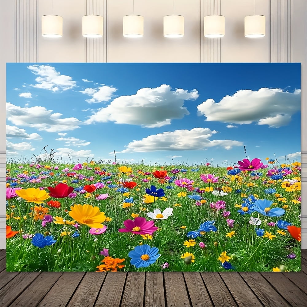 Spring-Themed Photography Backdrop - Blue Sky, White Clouds & Colorful ...