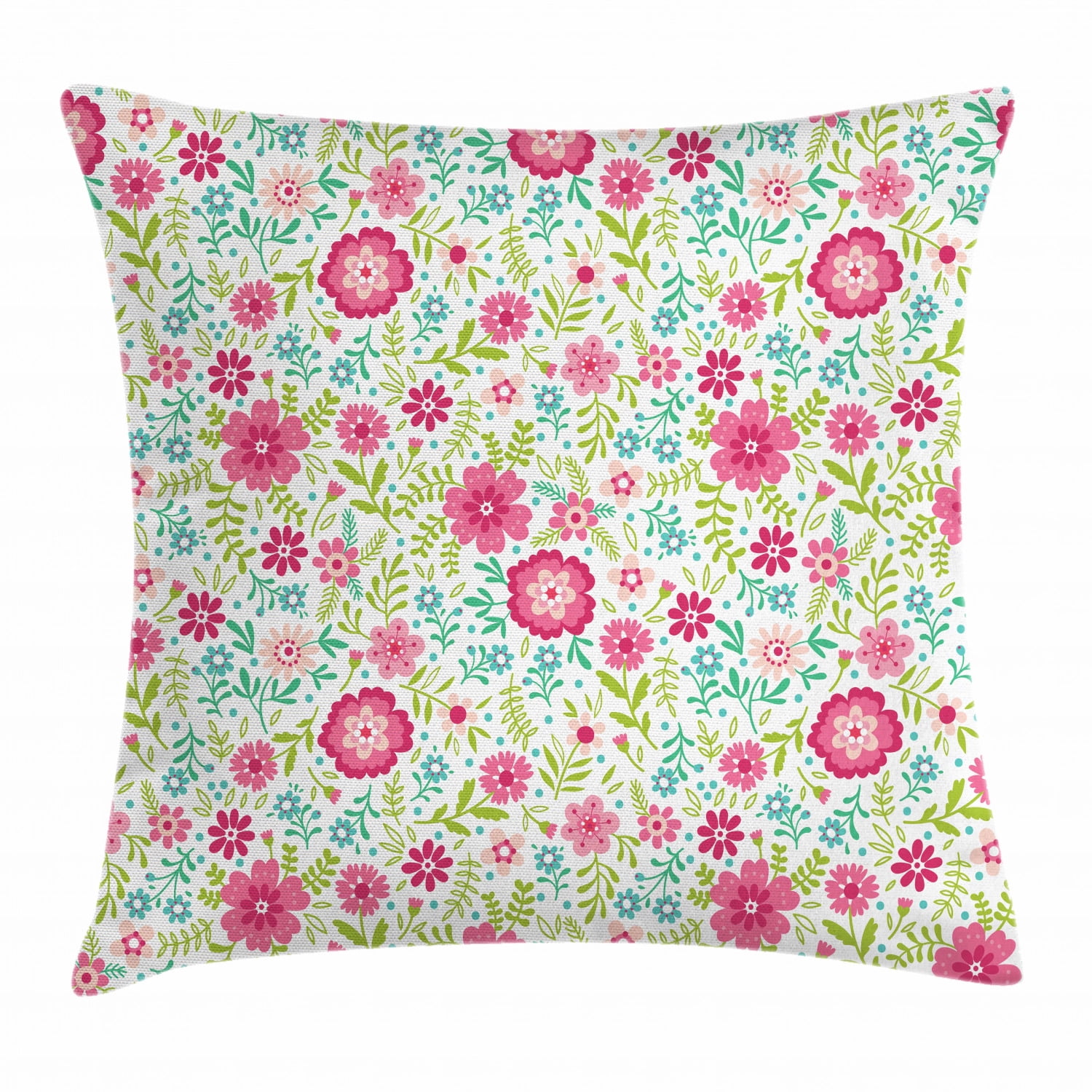 Spring Throw Pillow Cushion Cover, Blossoming Field with Fern Branches ...