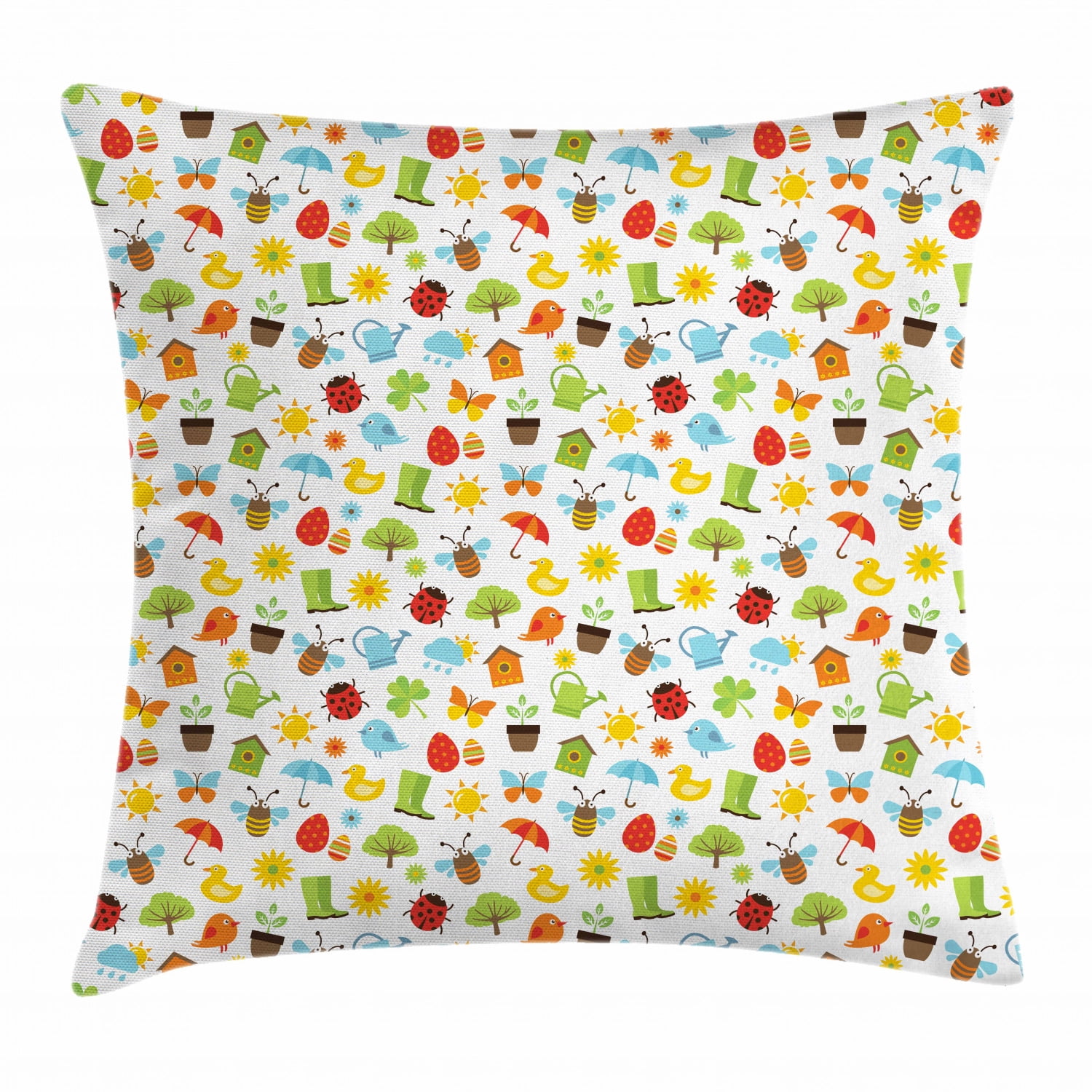 Spring Throw Pillow Cushion Cover, Seasonal Birds Bees with Blooming ...