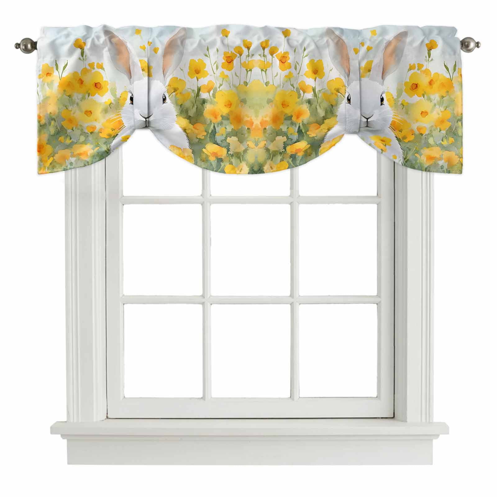Spring Tie Up Valance for Windows, Rabbit Flower Field Blue Sky ...