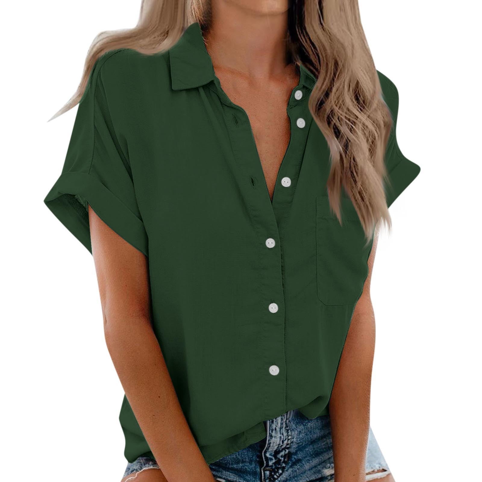 Spring Tops For Women, Short Sleeve Shirts Cotton Linen Casua Button ...