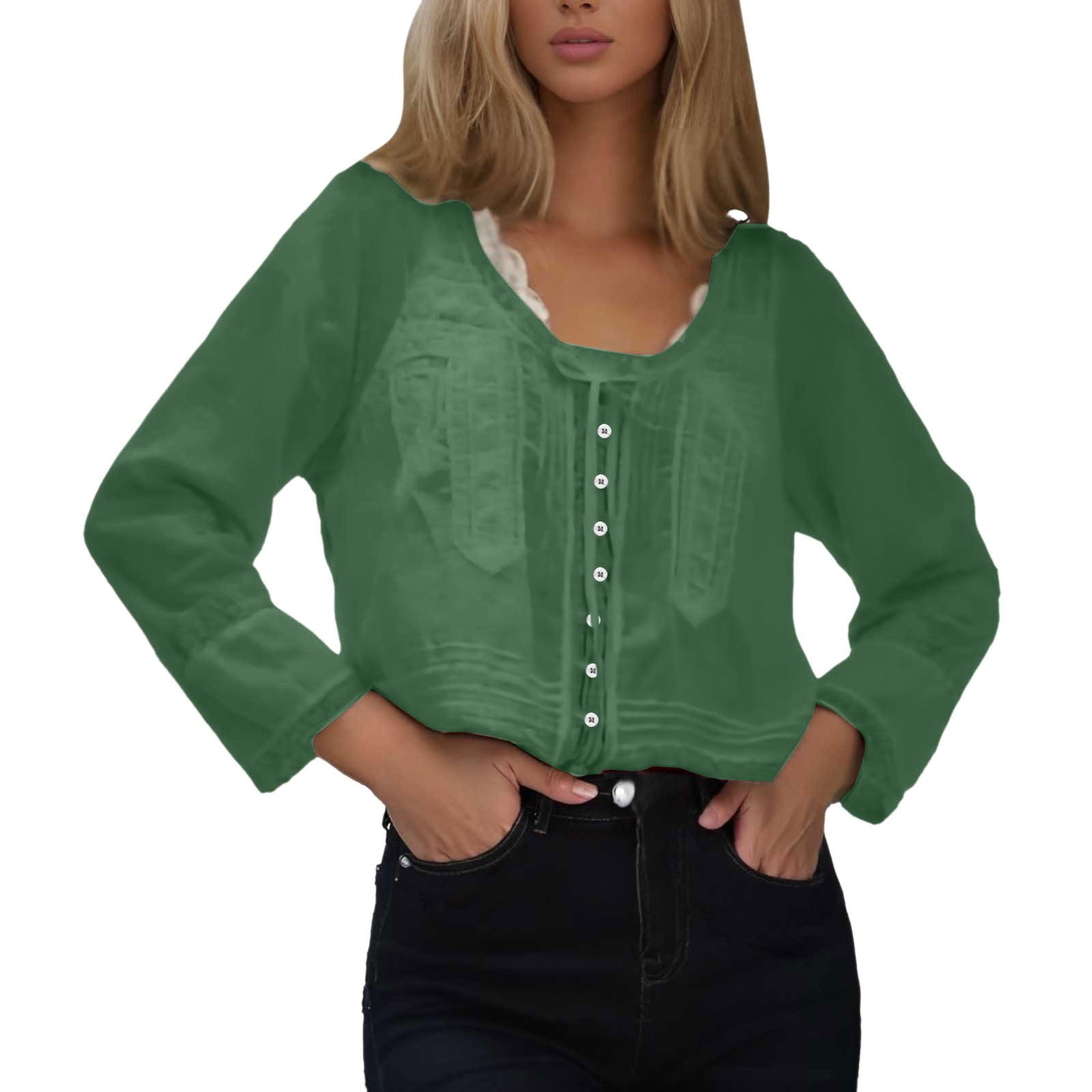 Spring Tops For Women Summer Solid Color Lace Tie Front Long Sleeve ...