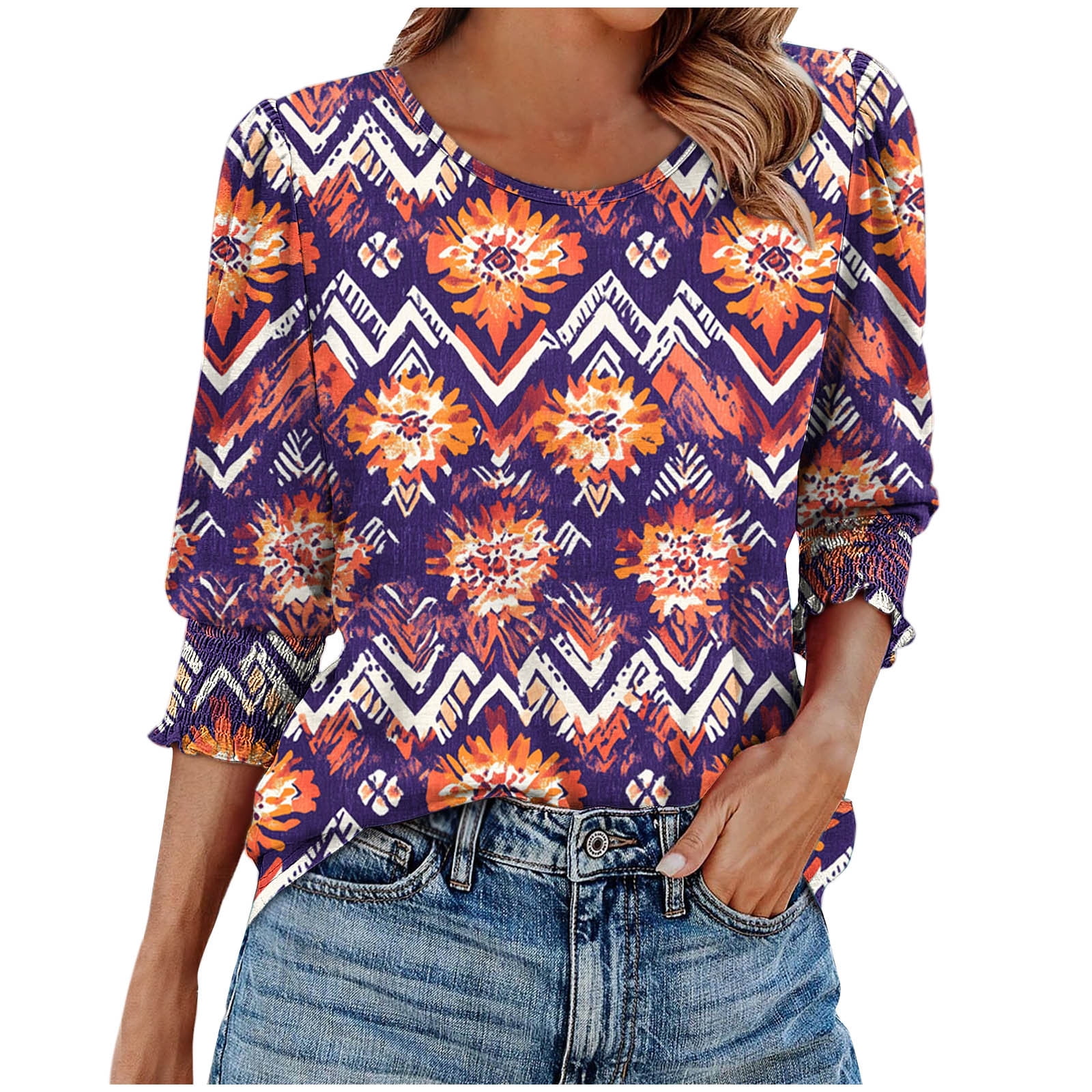 Spring Tops for Women Women's Casual Blouses Fashion Retro Printed 3/4 ...