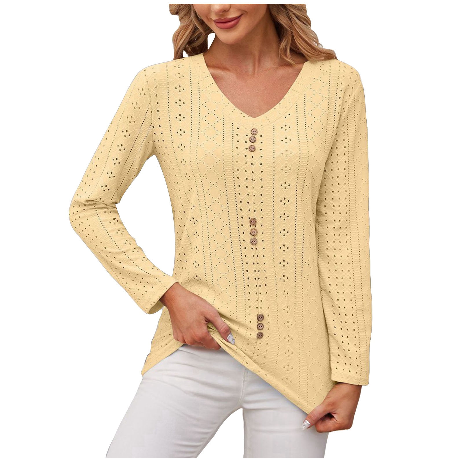 Spring Tops for Women Women's Solid Color V Neck Casual Loose Button ...