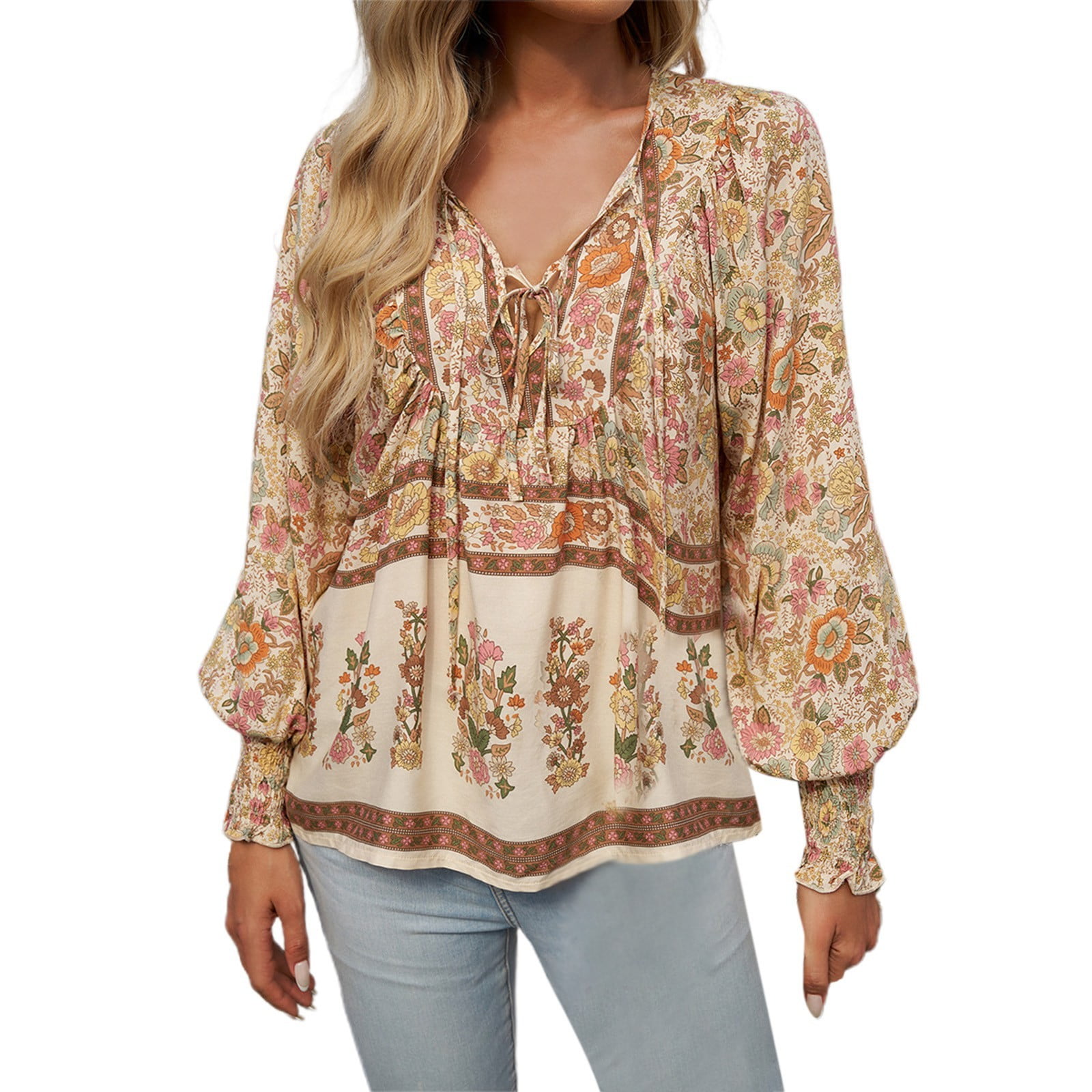 Spring Tops for Women Bohemian Holiday Style Printed V Neck Long Sleeve ...