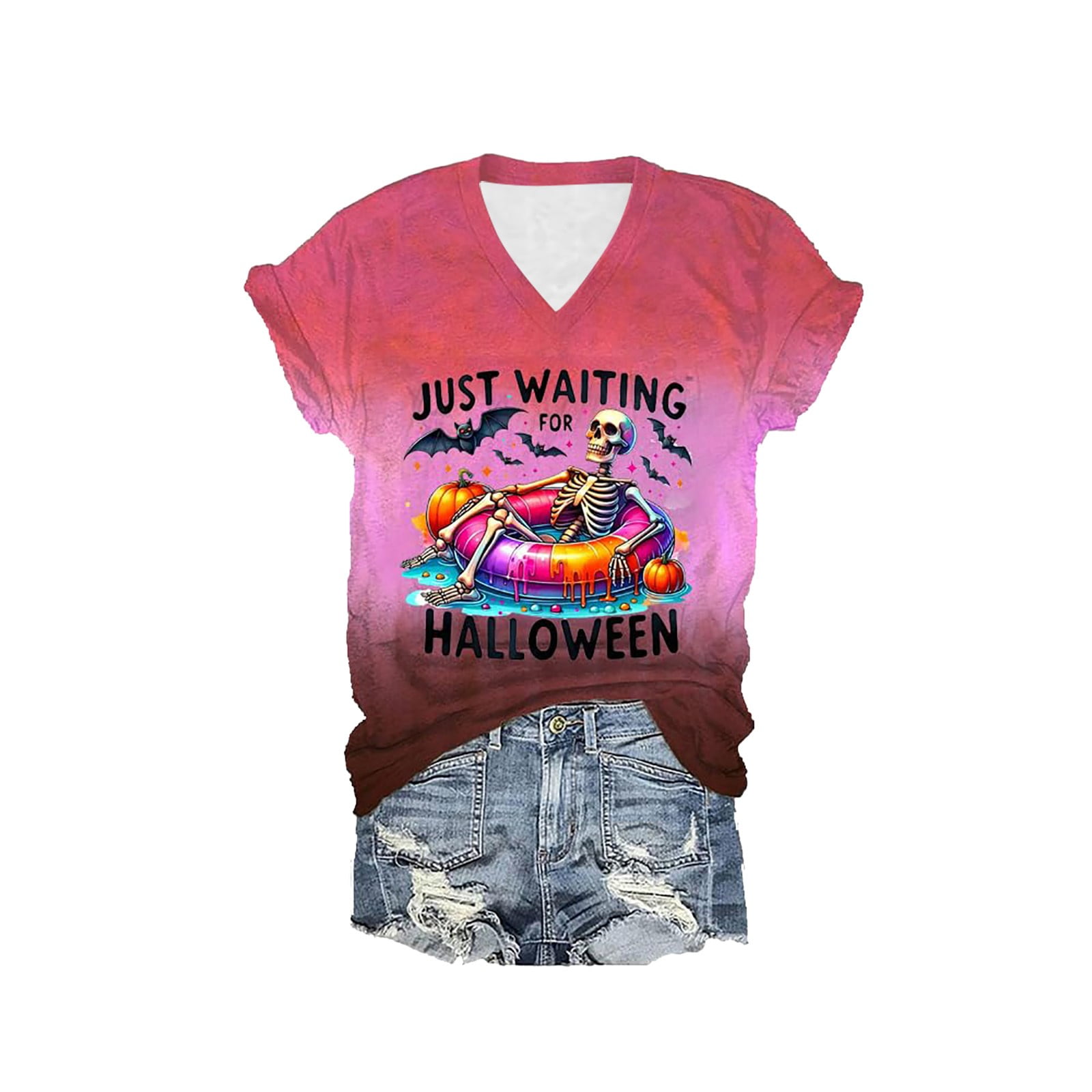 Spring Tops for Women Just Waiting for Skeleton Graphic Funny Tee T Shirts for Women Red M ...