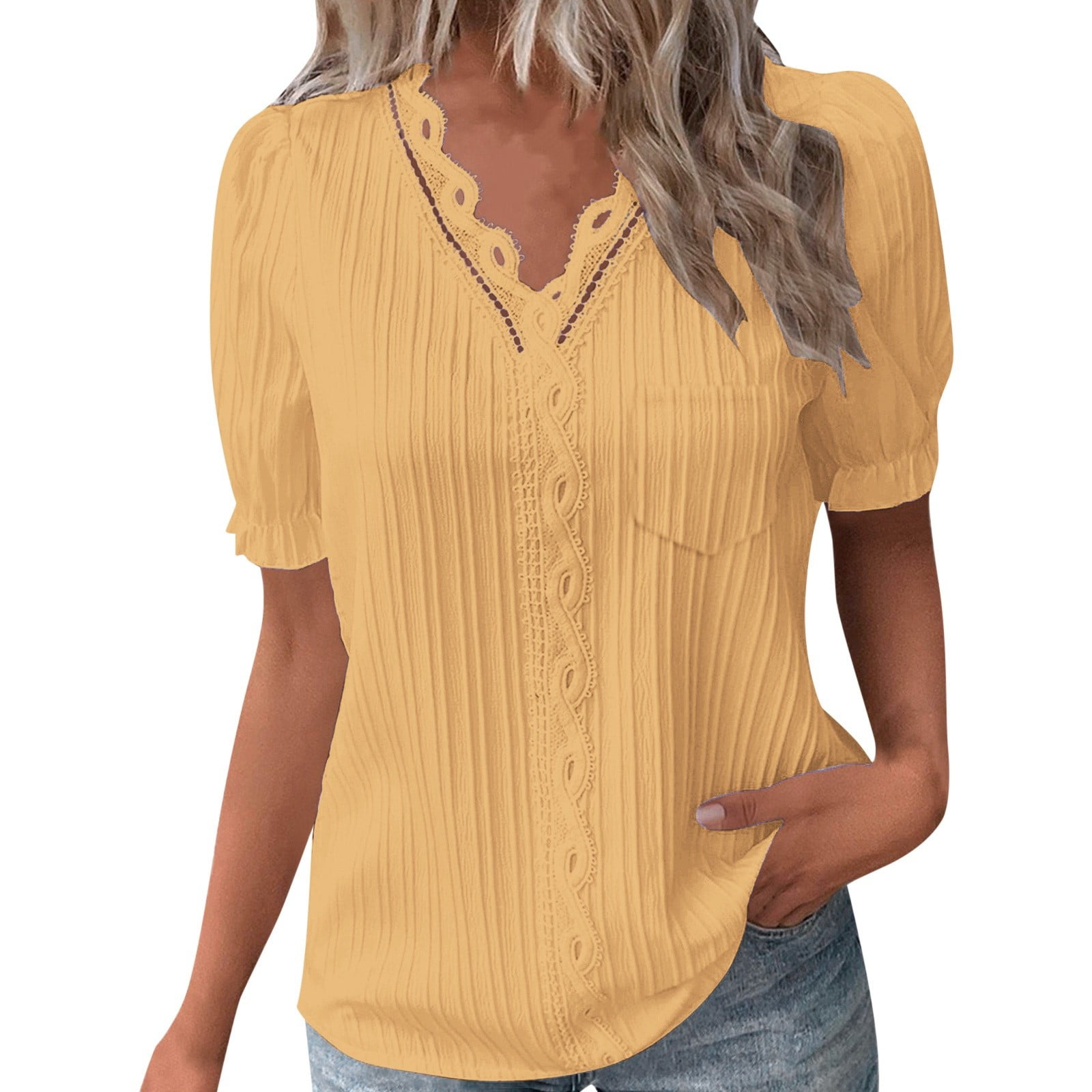 Spring Tops for Women Lace Short Sleeve Pocket Blouse Fashionable ...