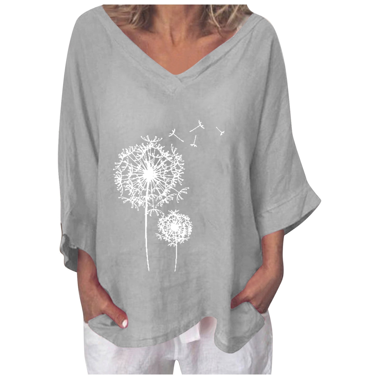 Spring Tops for Women Ladies' Dandelion Print and Linen V Neck with ...