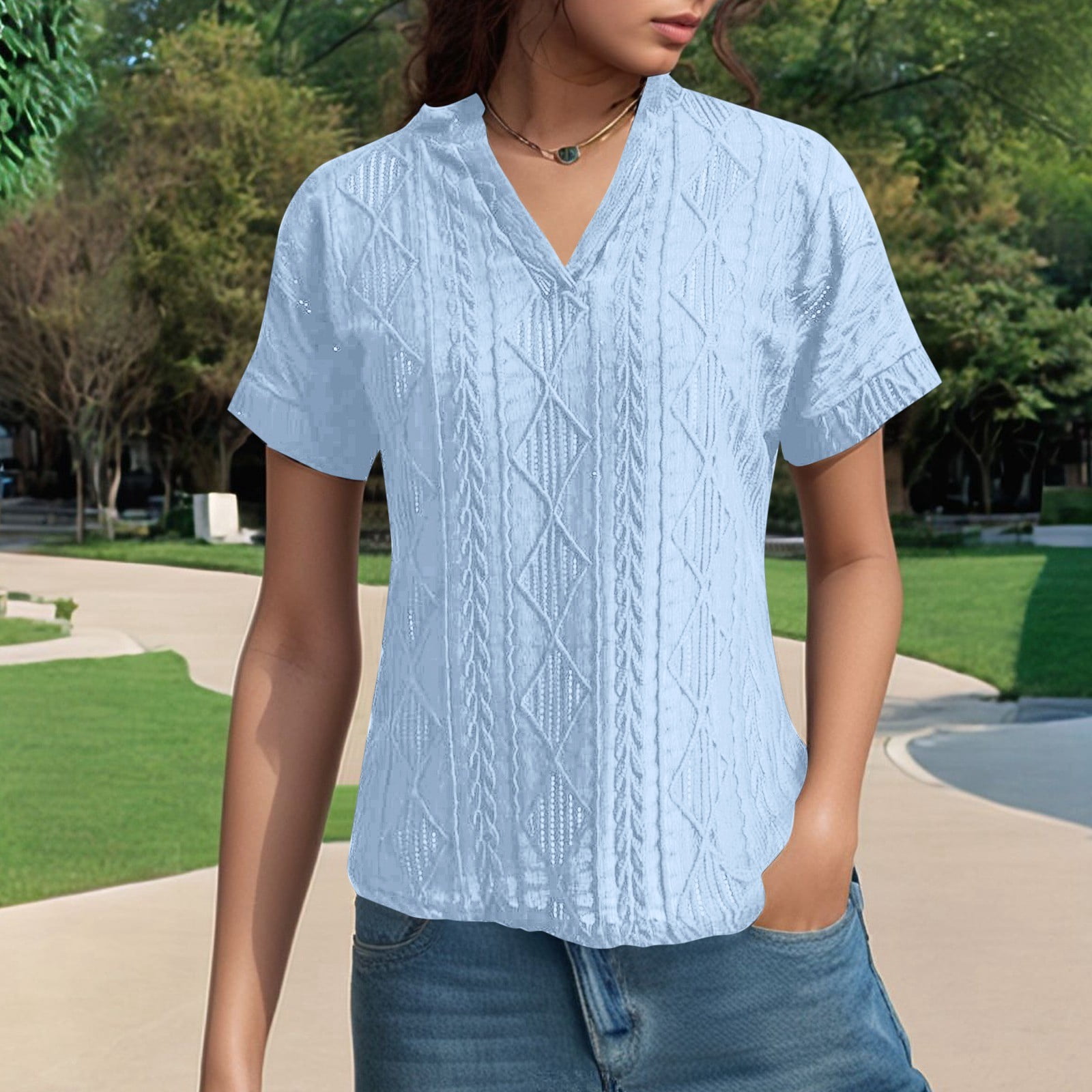 Spring Tops for Women Loose Fit Short Sleeve V Neck Jacquard Knit Shirt ...