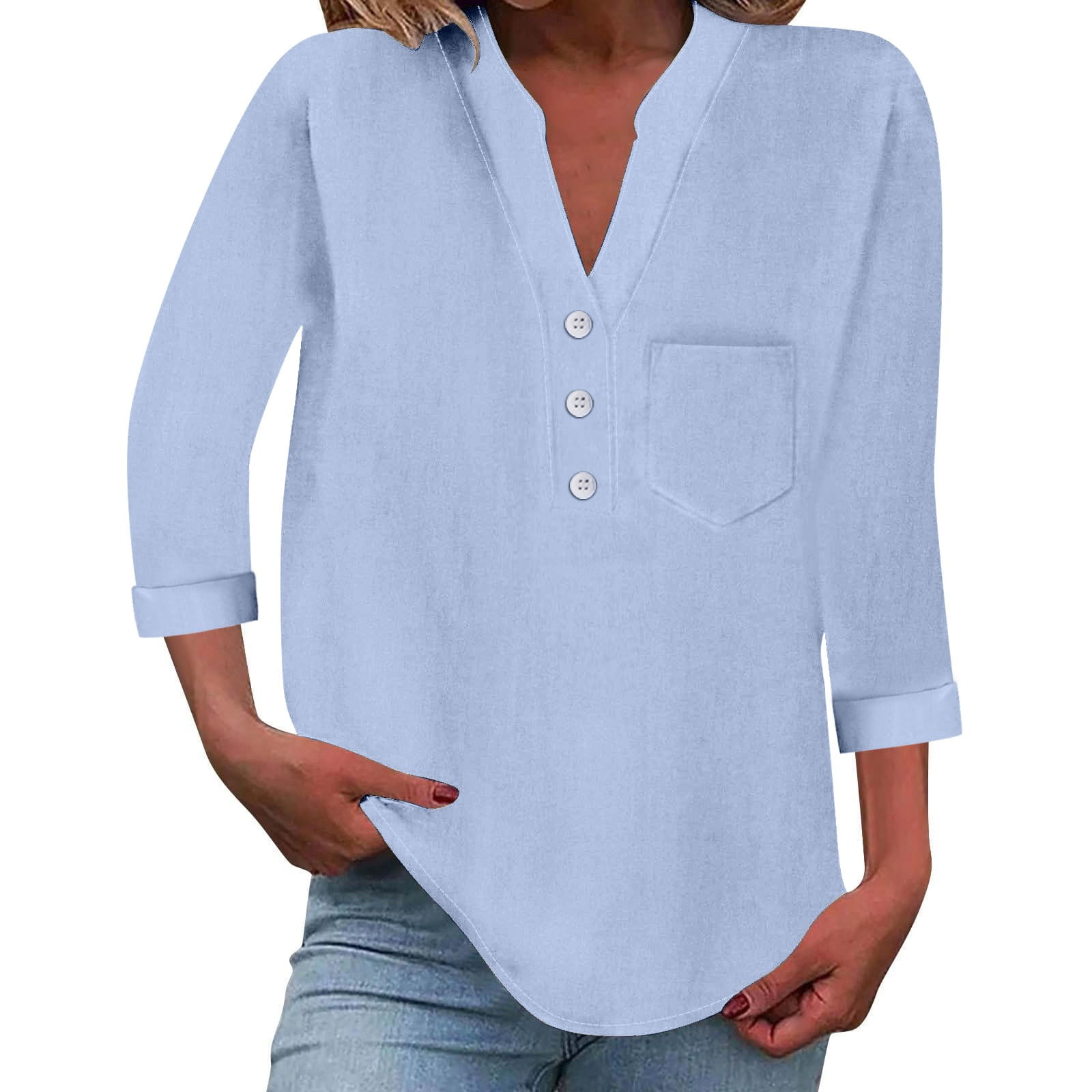 Spring Tops for Women Trendy Stylish 3/4 Sleeve Pocket Detail Denim and ...