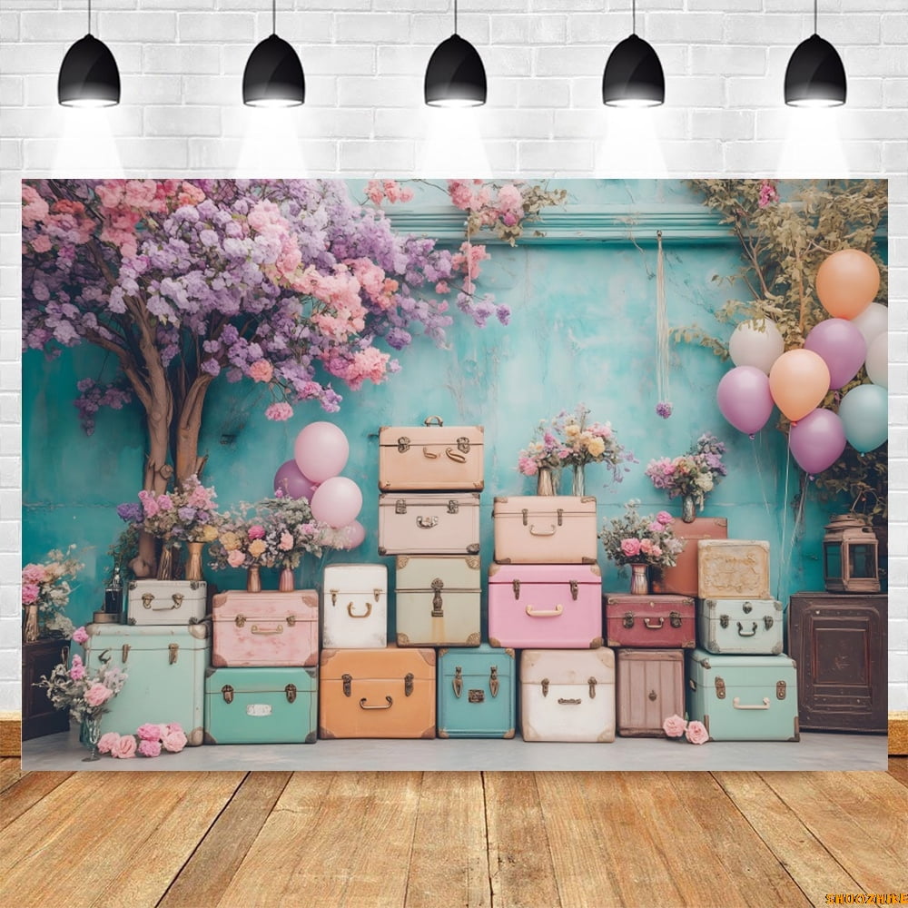 Spring Travel Floral Photography Backdrop Flower Balloon Luggage First ...