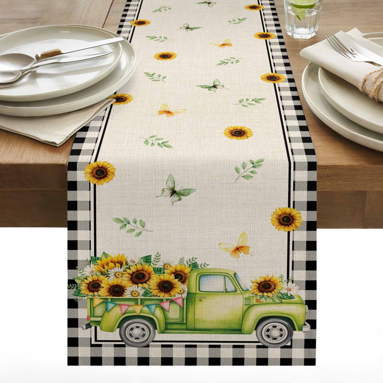 Spring Truck Cotton Linen Table Runner Rustic Watercolor White Yellow ...