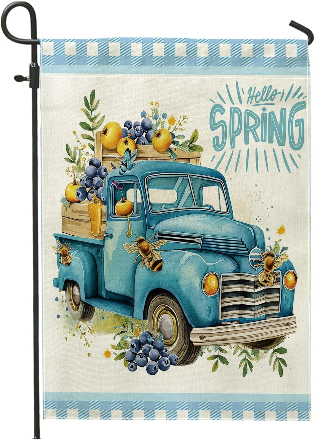 Spring Truck Garden Flag Buffalo Plaid Blueberry Fruit Bee Leaves ...