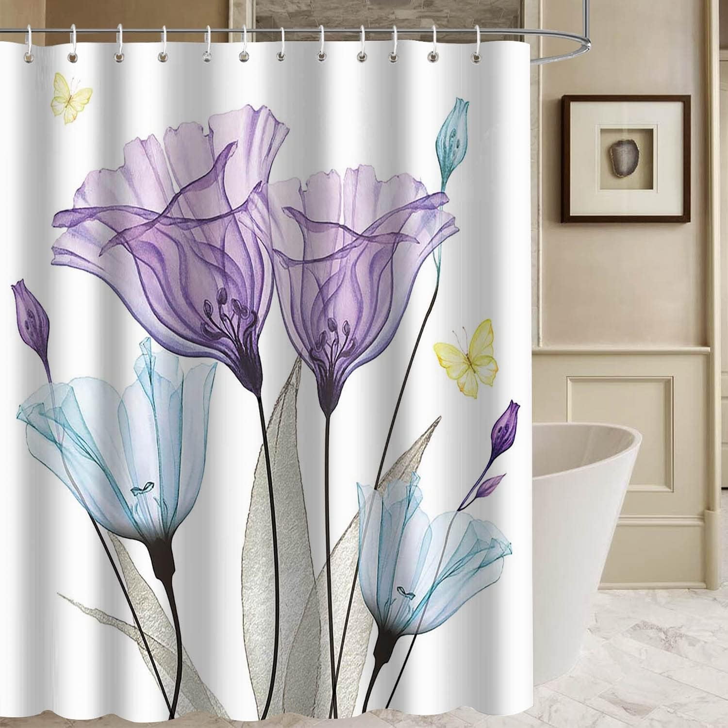 Spring Tulip Floral Shower Curtain Modern Art Butterfly Theme Blue and ...