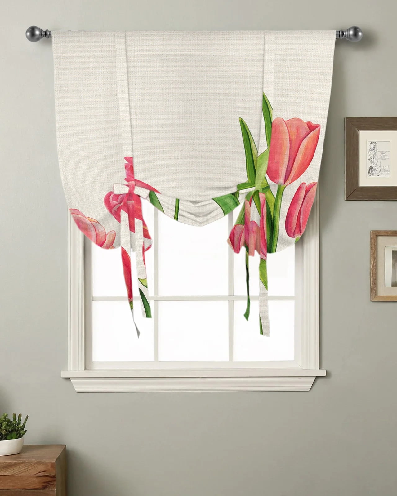 Spring Tulip Flower Kitchen Short Window Curtain Rod Pocket Curtains ...